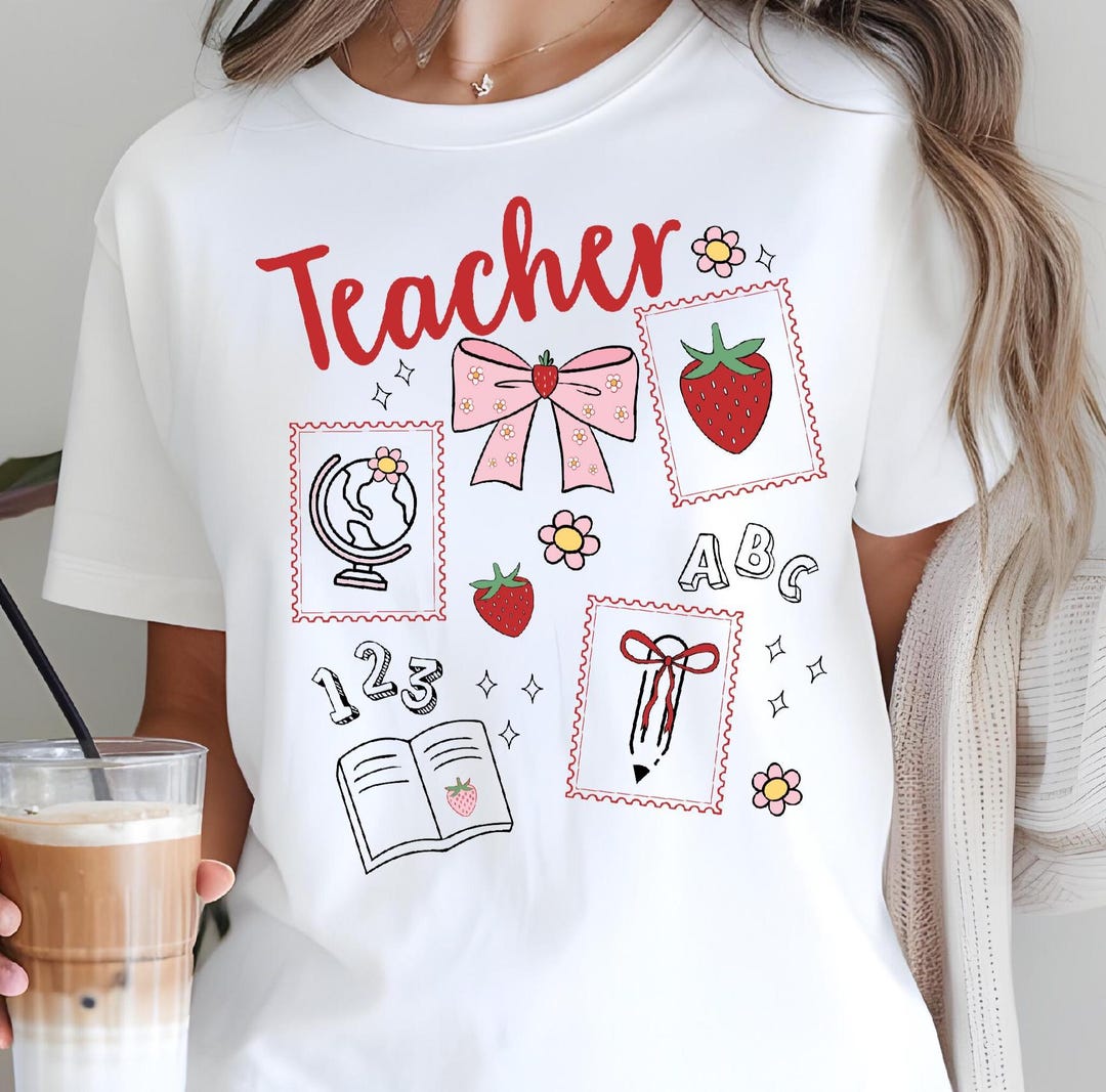 Coquette Teacher Png Stamp Shirt Png Preppy Teacher Png Strawberry Bow ...