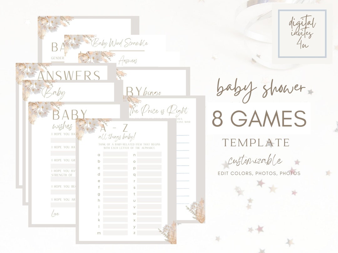 8 juegos editables de baby shower / divertidos juegos de baby shower ...
