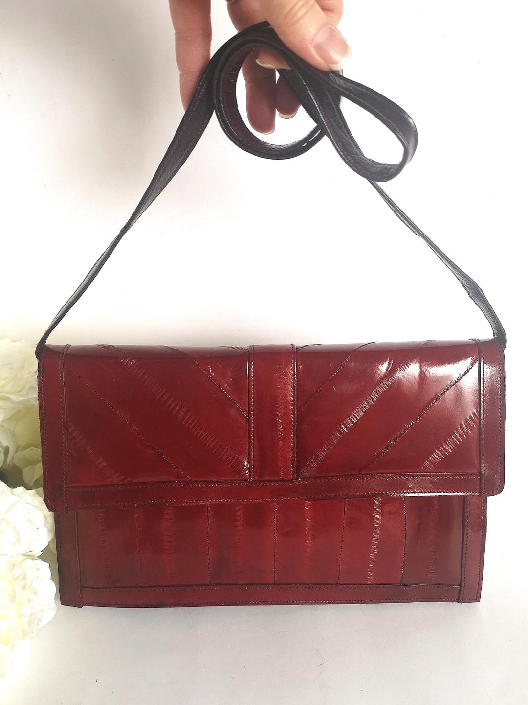 Leather Clutch Shoulder Bag, Red Eel Skin Handbag, Convertible Hand to ...