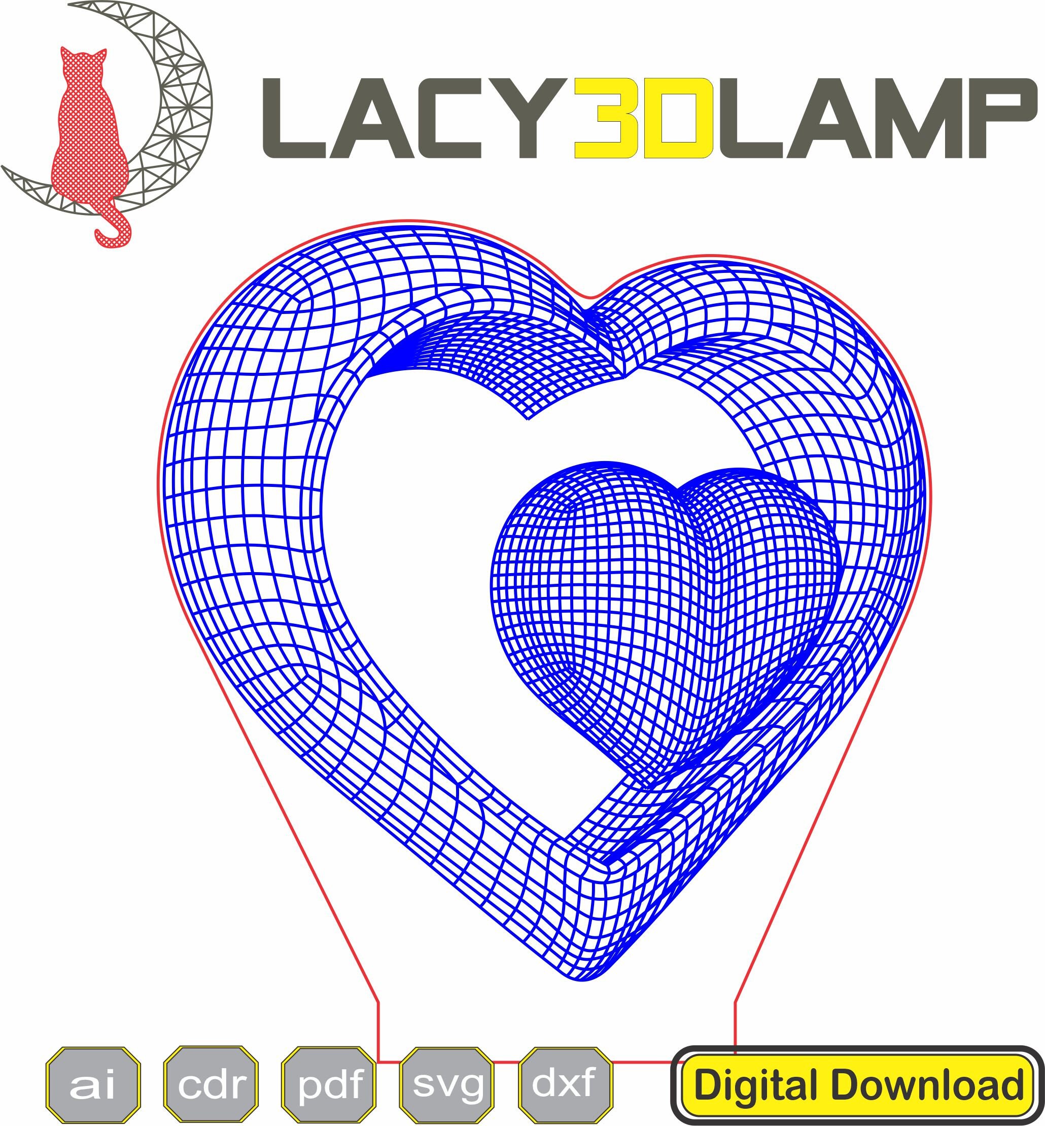 Double Heart 3D Lamp File, Plan for Cnc Laser Engraving, 3D Night Light ...