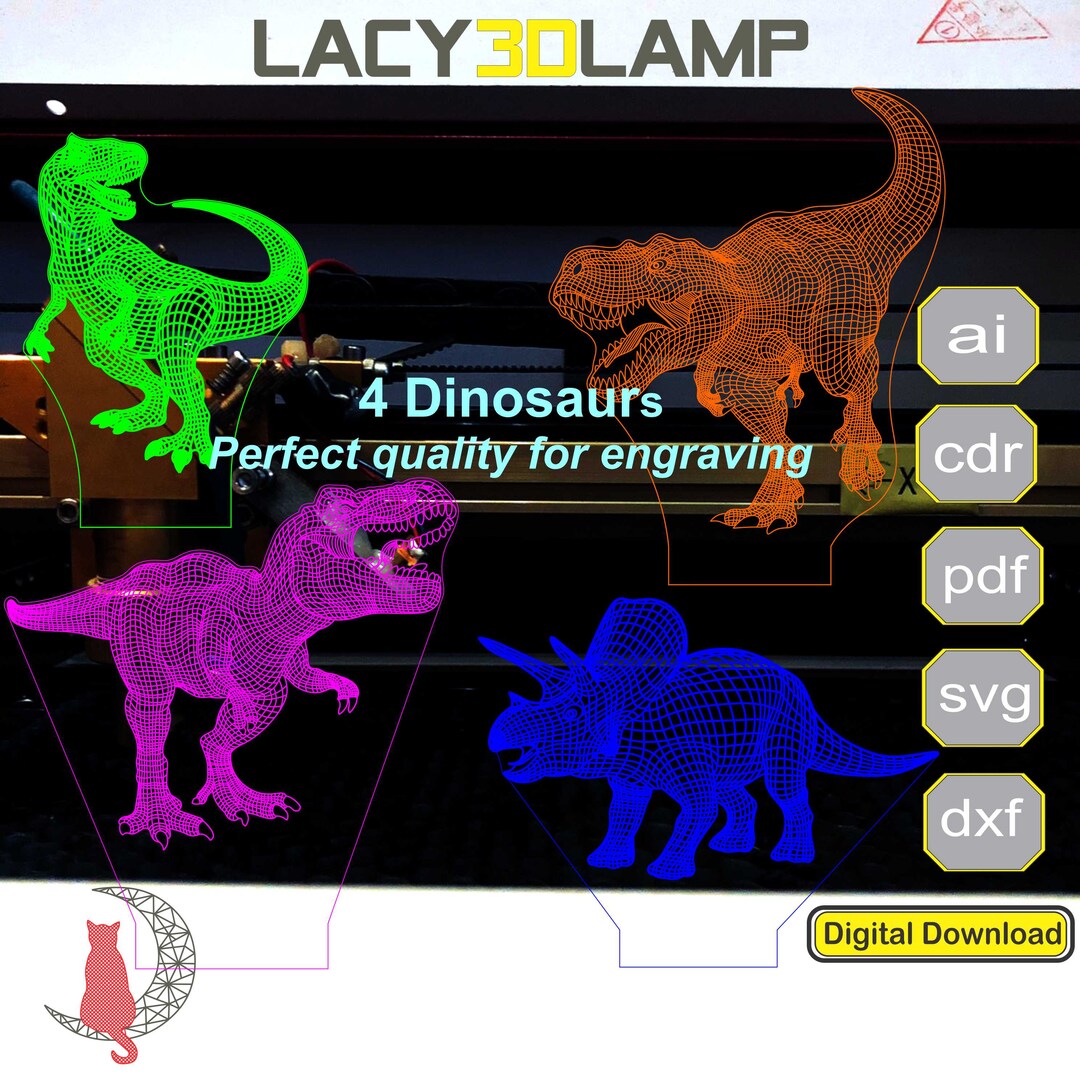 4 Dinosaurs 3D Lamp Files,plan for Cnc Laser Engraving, 3D Night Light ...