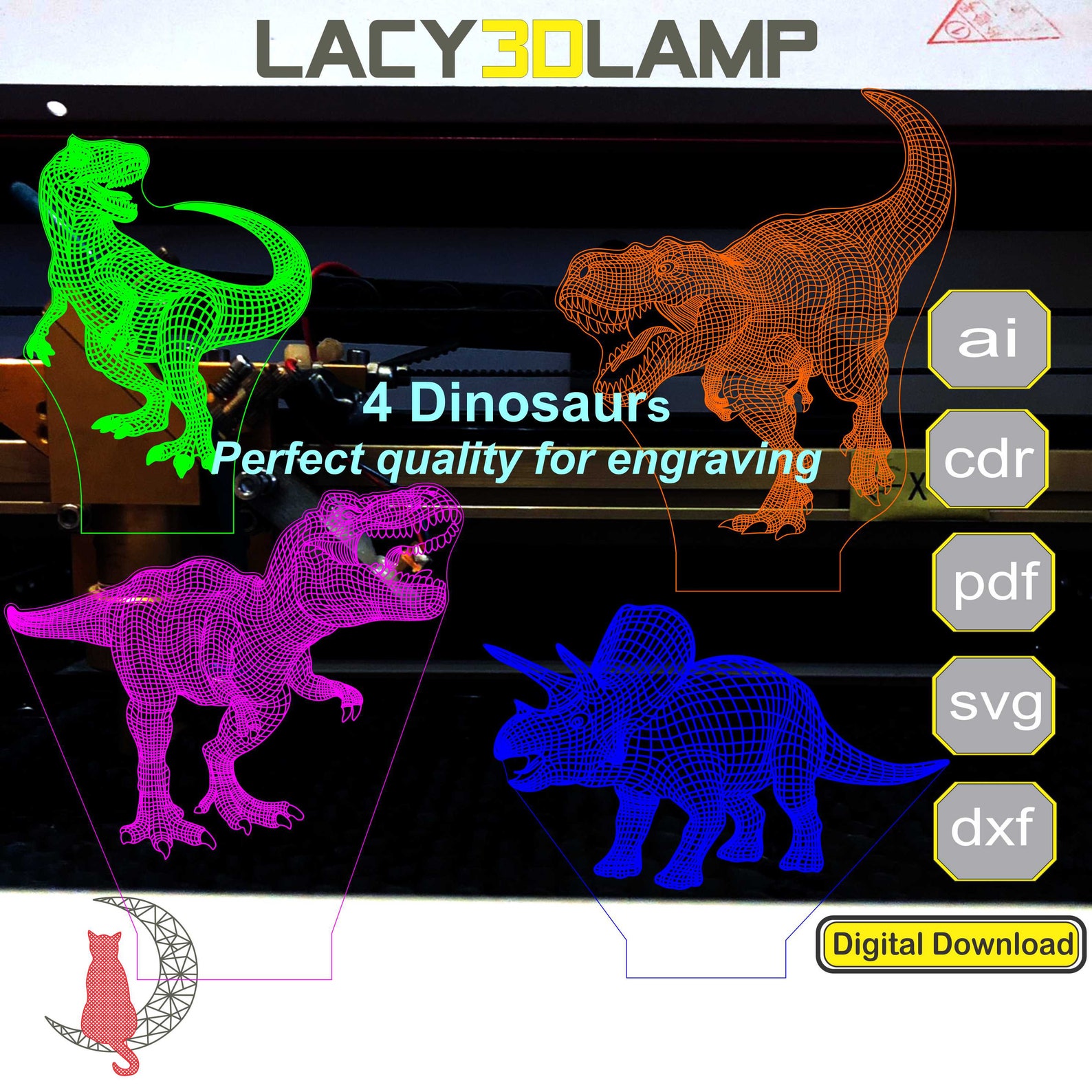 4 Dinosaurs 3D Lamp Files,plan for Cnc Laser Engraving, 3D Night Light ...