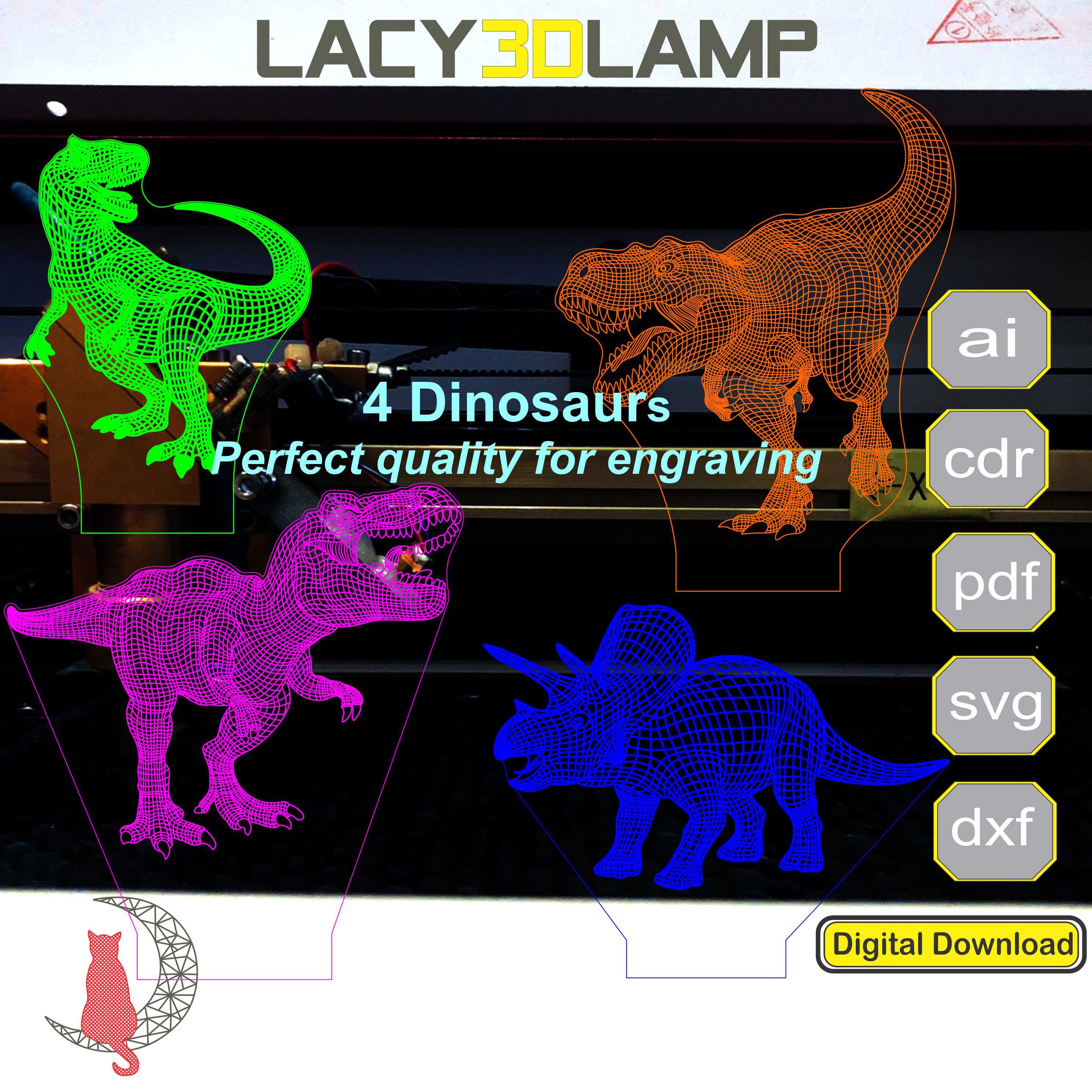 4 Dinosaurs 3D Lamp Files,plan for Cnc Laser Engraving, 3D Night Light ...