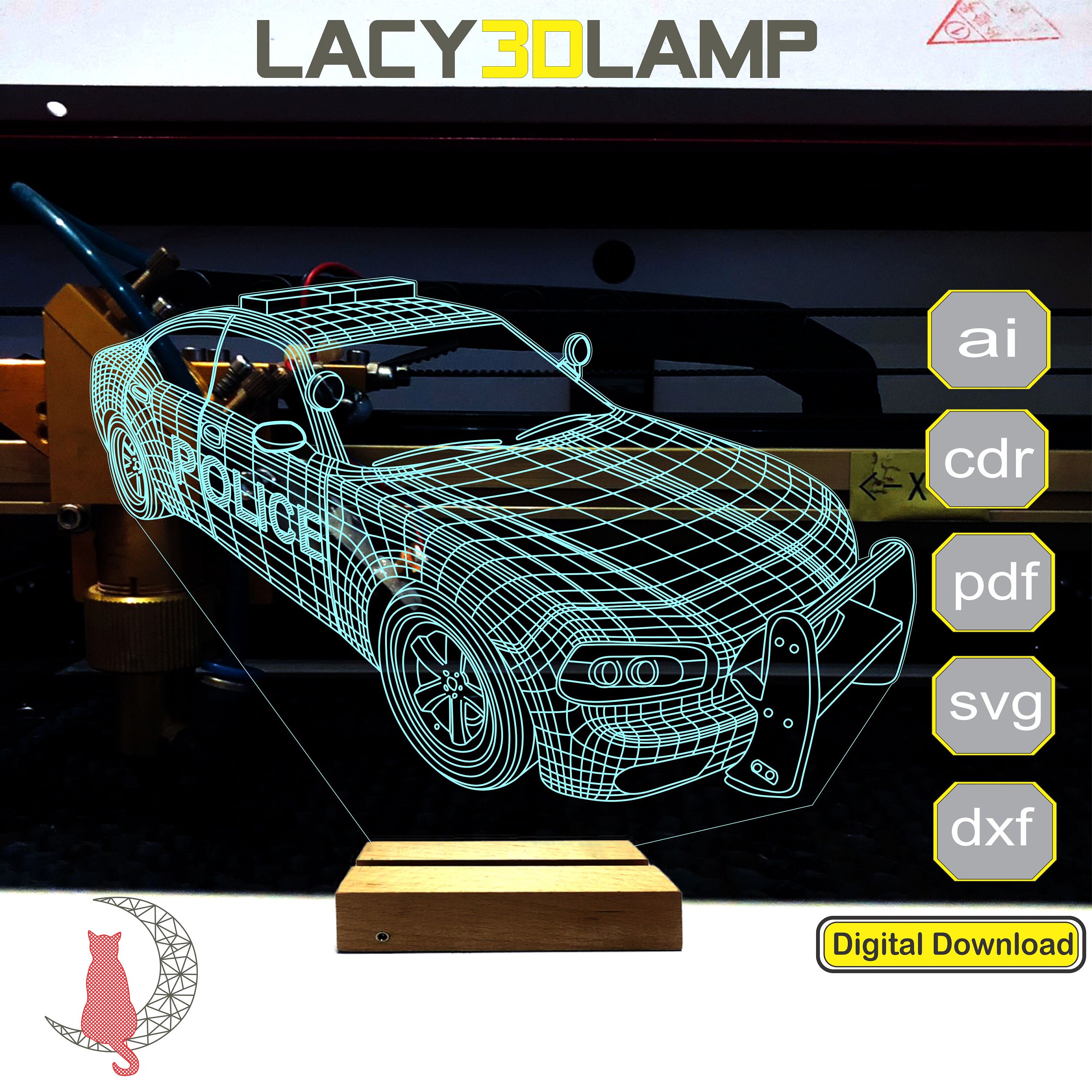 Police Car 3D Lamp File, Plan for Cnc Laser Engraving, 3D Night Light ...