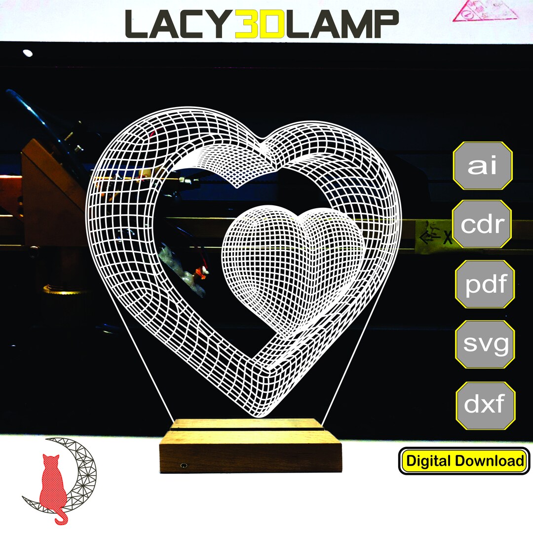 Double Heart 3D Lamp File, Plan for Cnc Laser Engraving, 3D Night Light ...