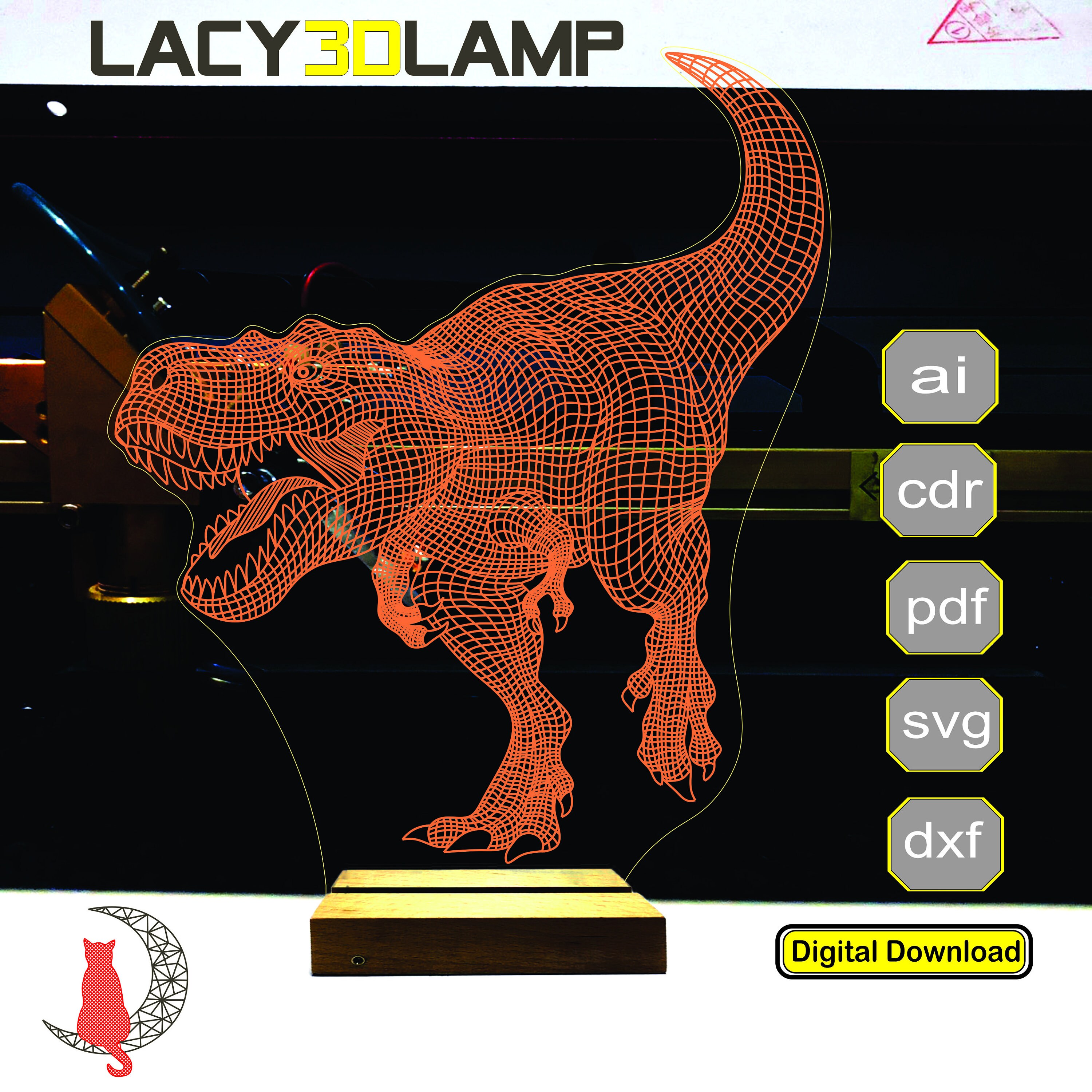 T-REX Dinosaur 3D Lamp File, Plan for Cnc Laser Engraving, 3D Night ...