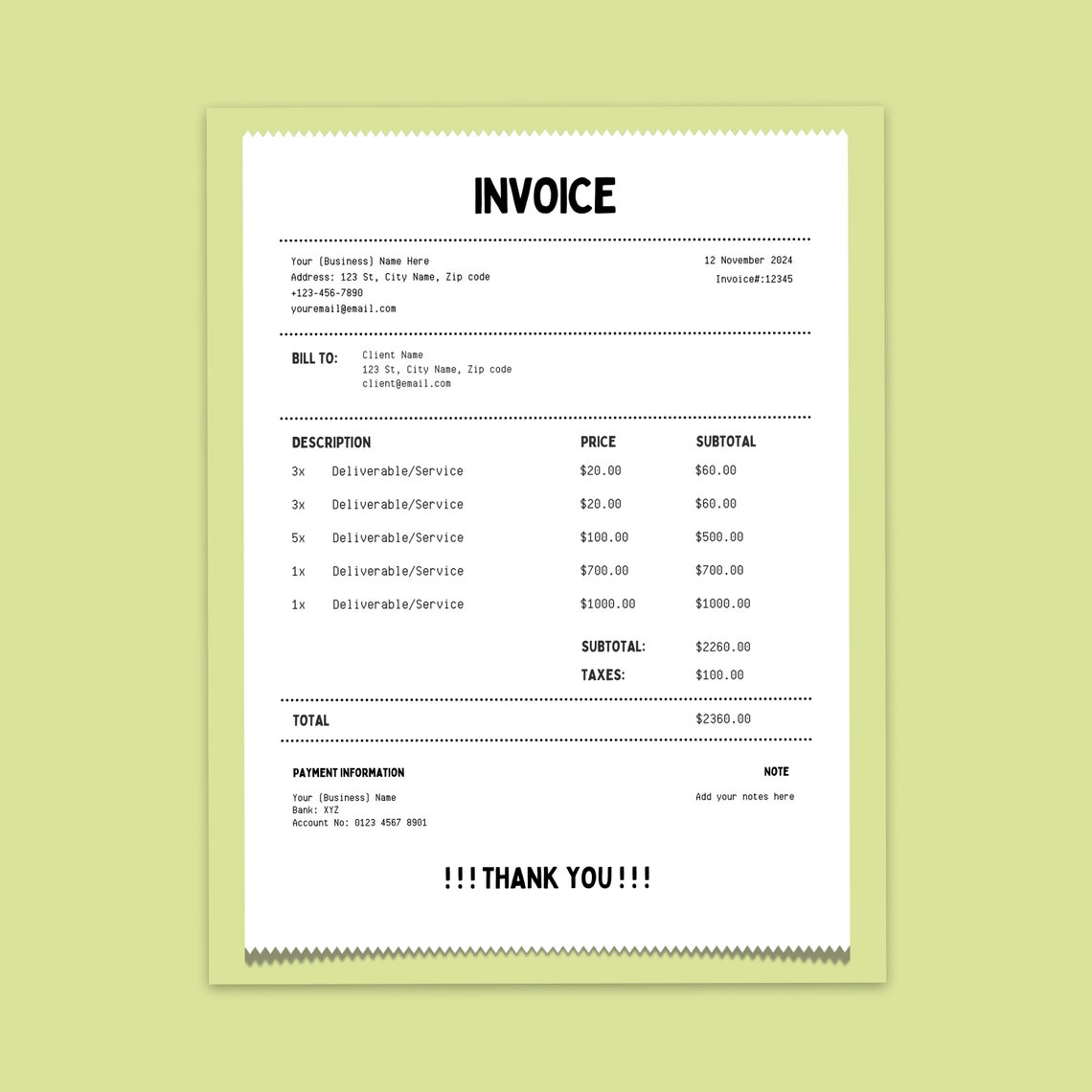 Editable Invoice Template, RECEIPT Style Canva Invoice, Perfect for ...