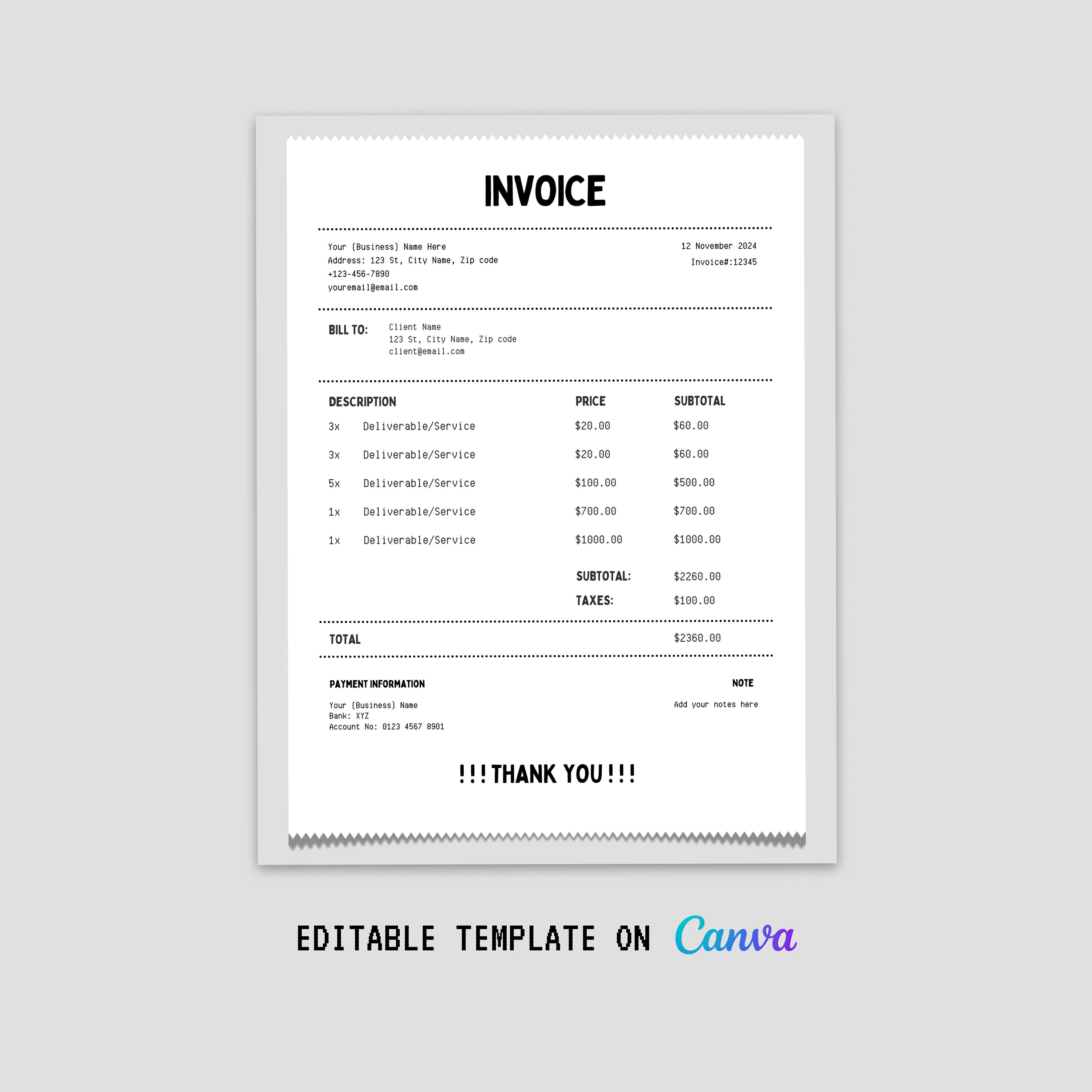 Editable Invoice Template, RECEIPT Style Canva Invoice, Perfect for ...