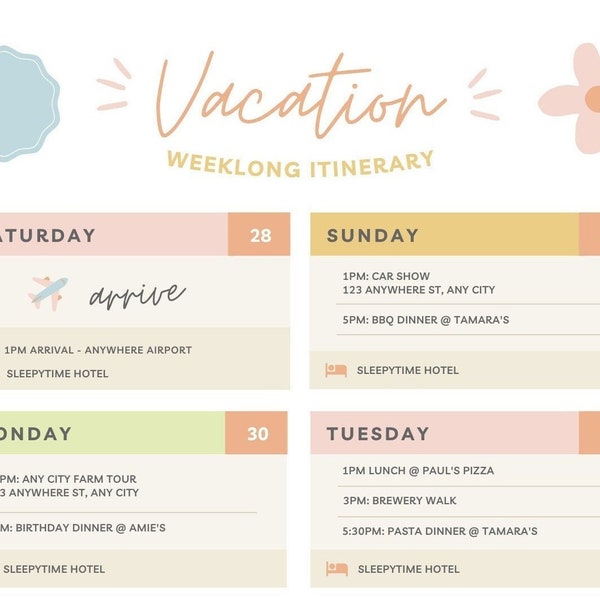Vacation Itinerary Template Printable - Etsy