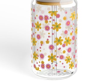 Daisy Glass Tumbler, Iced Coffee Glass, Retro Flower Iced Coffee Cup ...