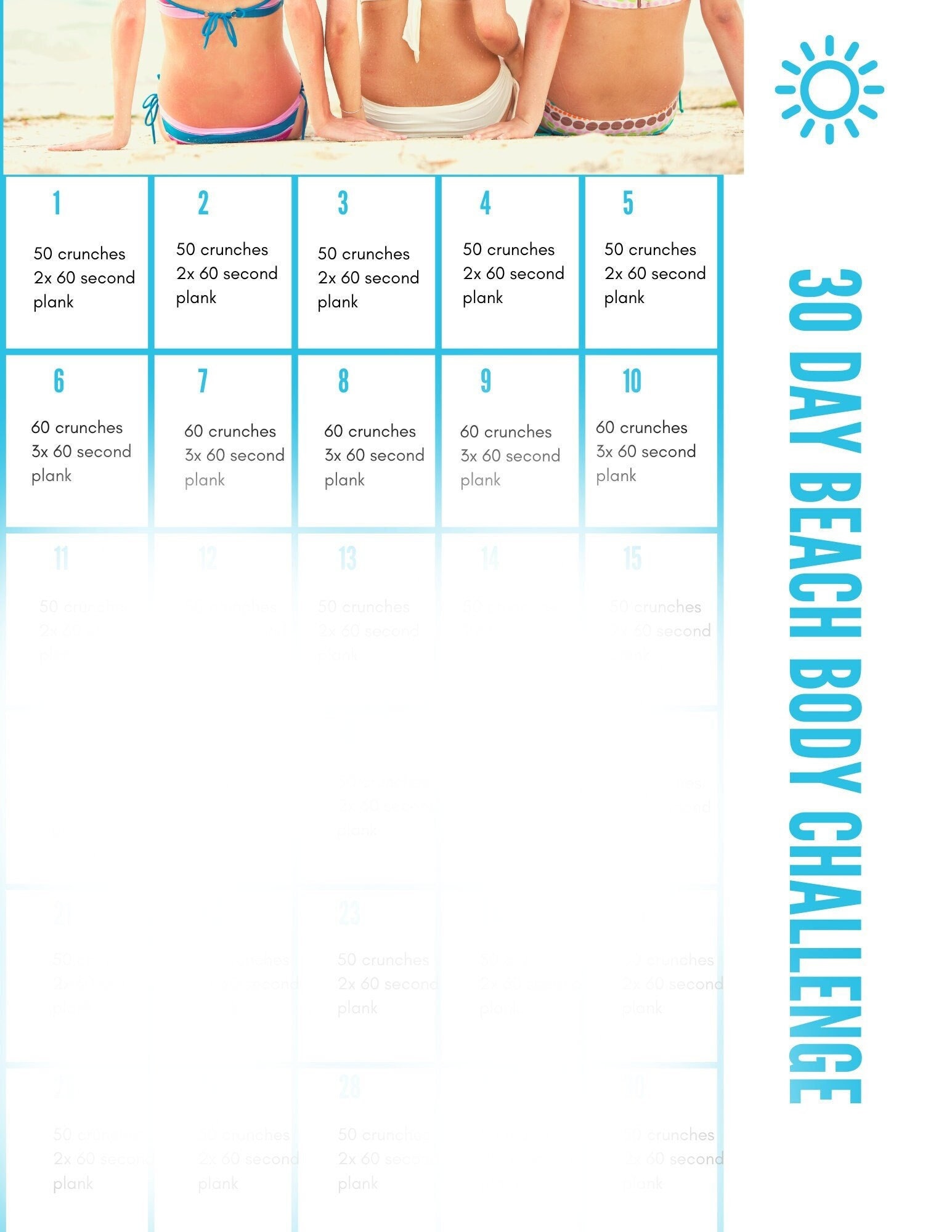 30 Day Beach Body Challenge Workout Worksheet, Four Ab Challenge ...