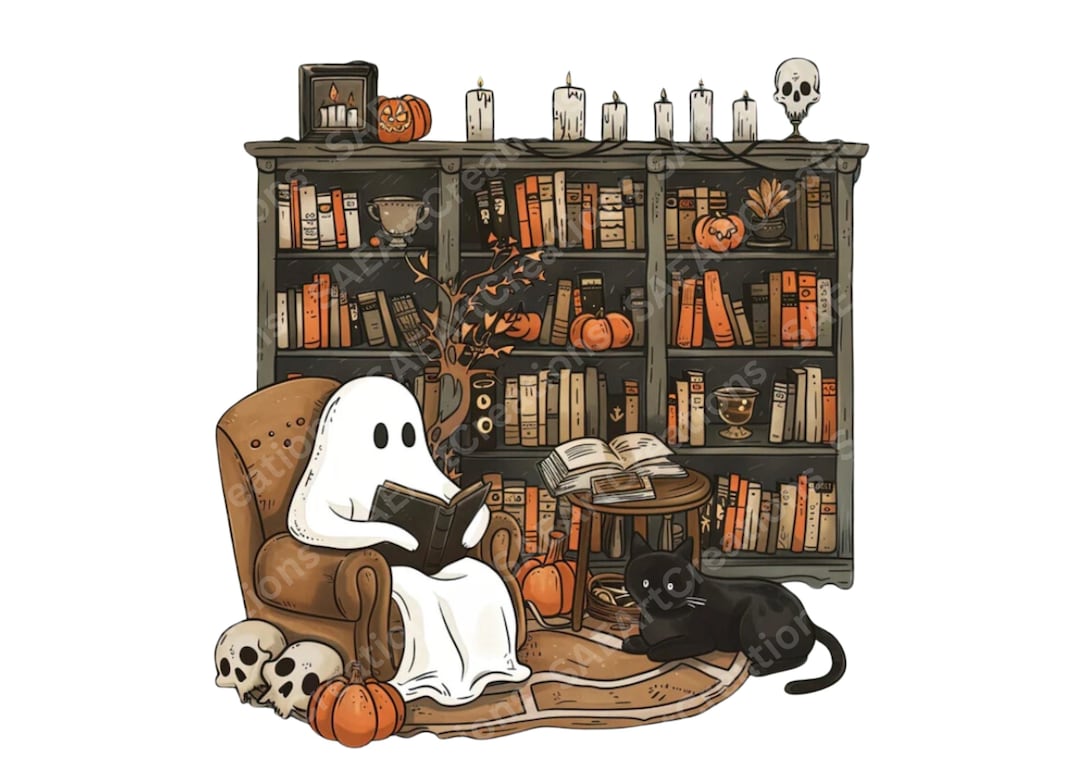 Retro Ghost Reading Books SVG, Librarian Ghost Halloween PNG, Halloween ...