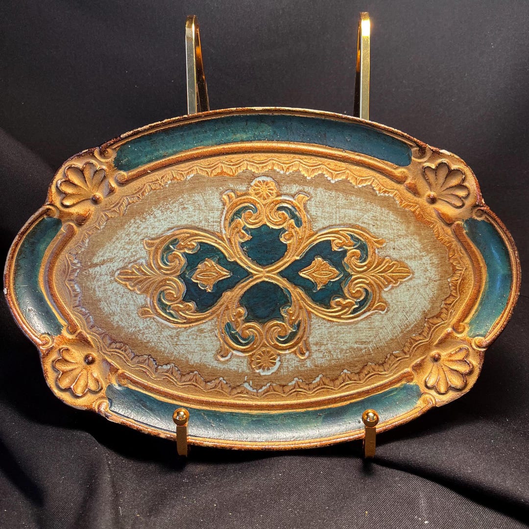 Rare Vintage 10" Italian Hand Painted Decorative Gold and Teal Plate ...