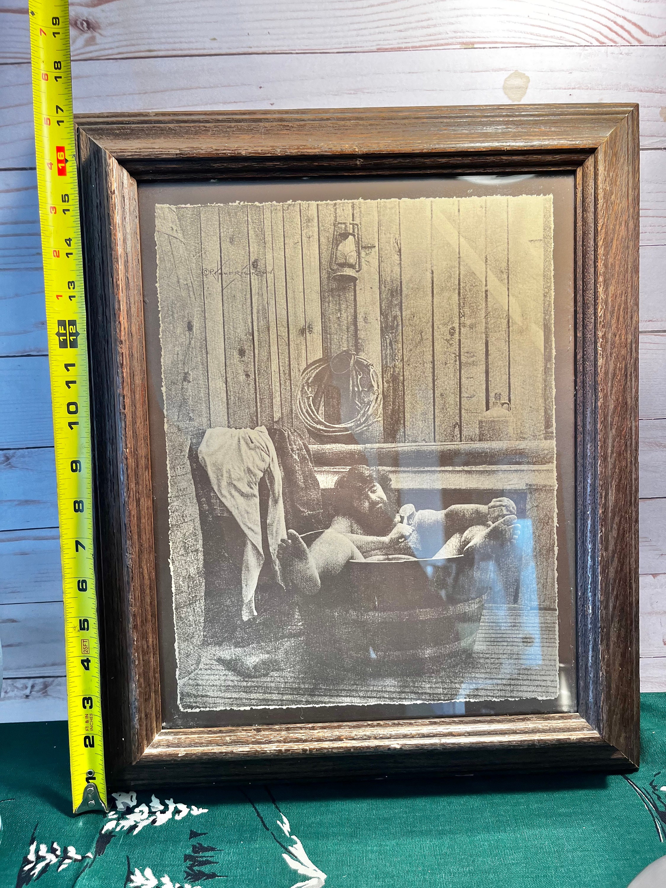 Vintage R. HENDRICKSON Print Nostalgia Man in Tub, Happy Cowboy Bathing ...