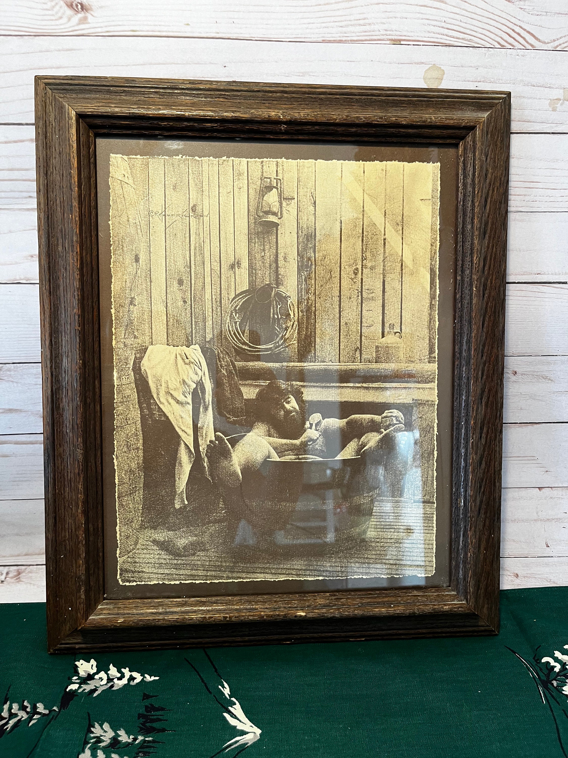 Vintage R. HENDRICKSON Print Nostalgia Man in Tub, Happy Cowboy Bathing ...