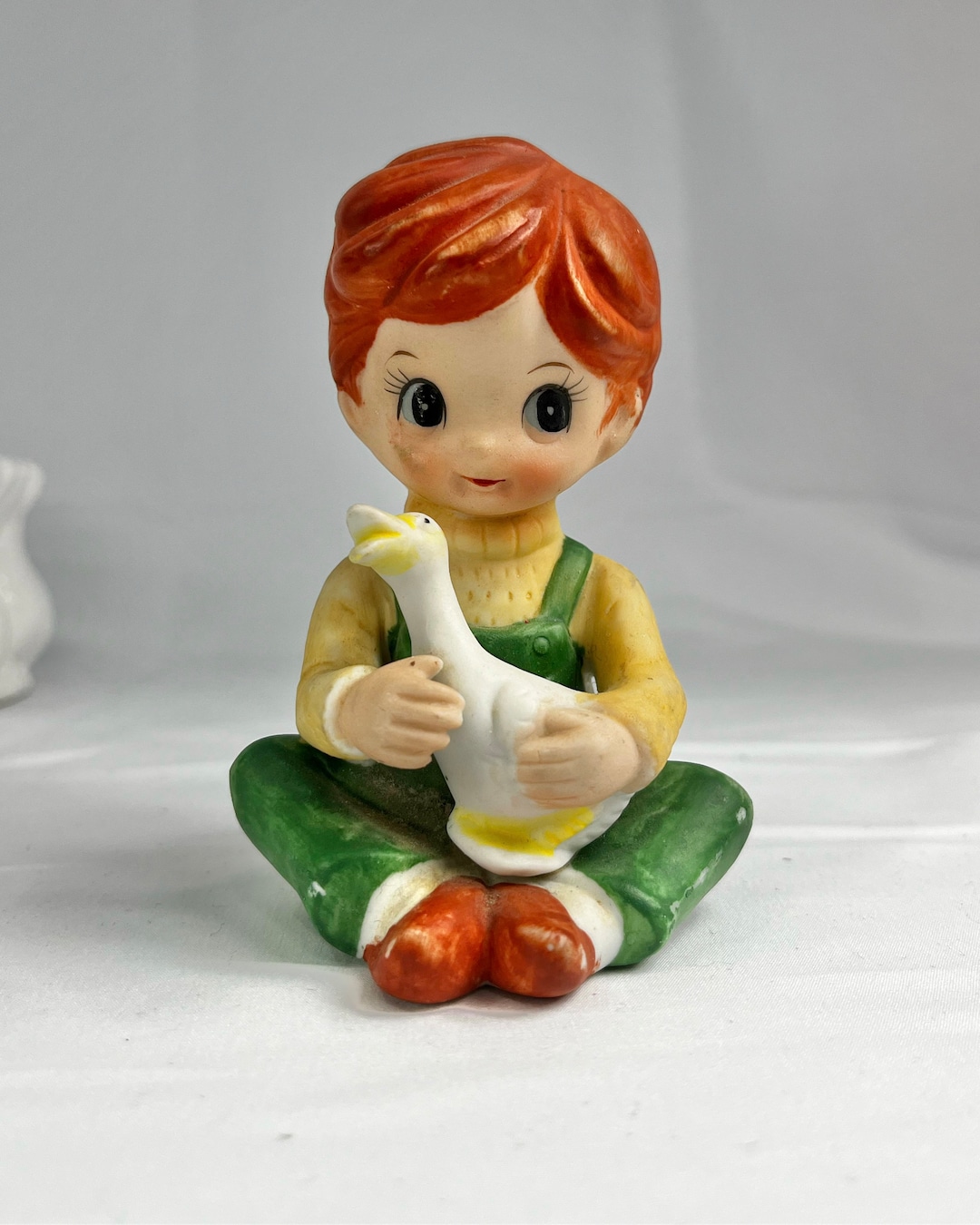Rare Vintage Country Boy With Duck Figurine, Retro Hand Painted Ceramic ...