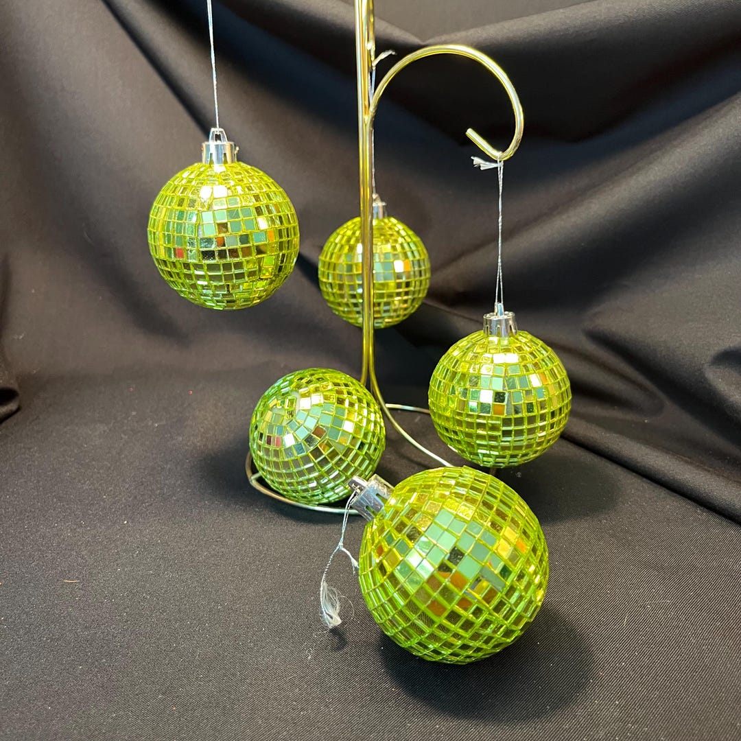 Fun Yellow Green Disco Ball Ornament Set of 5 Vintage Style Christmas ...
