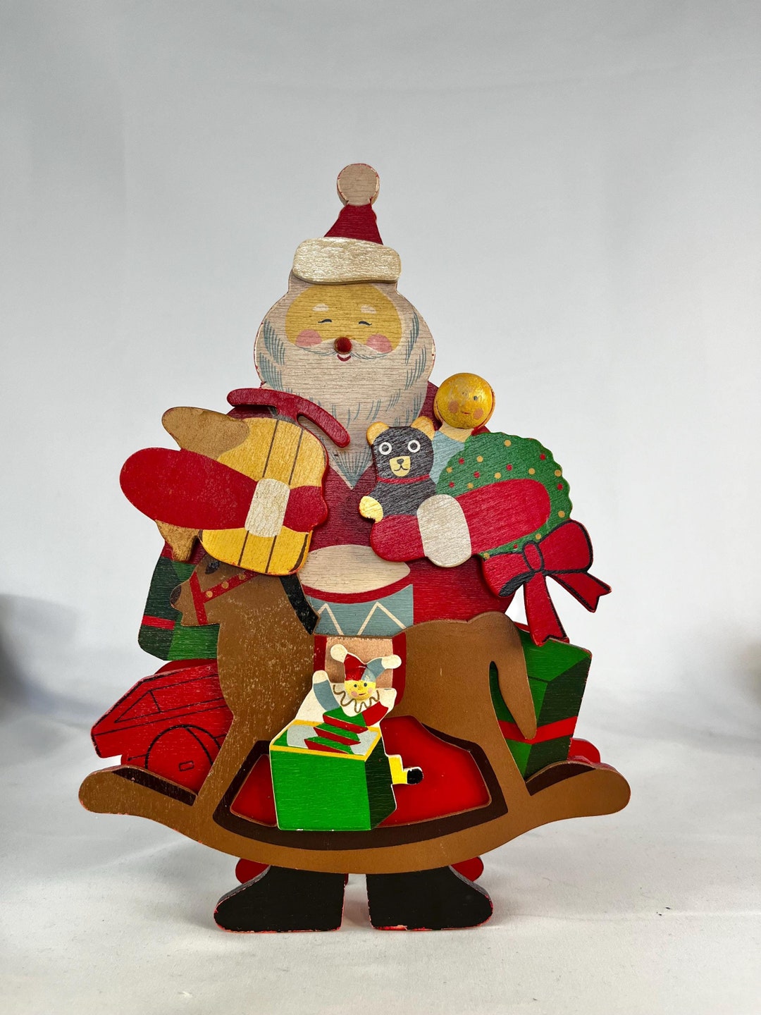 Vintage Wooden Santa Musical Figurine, Father Christmas Holding Doll ...