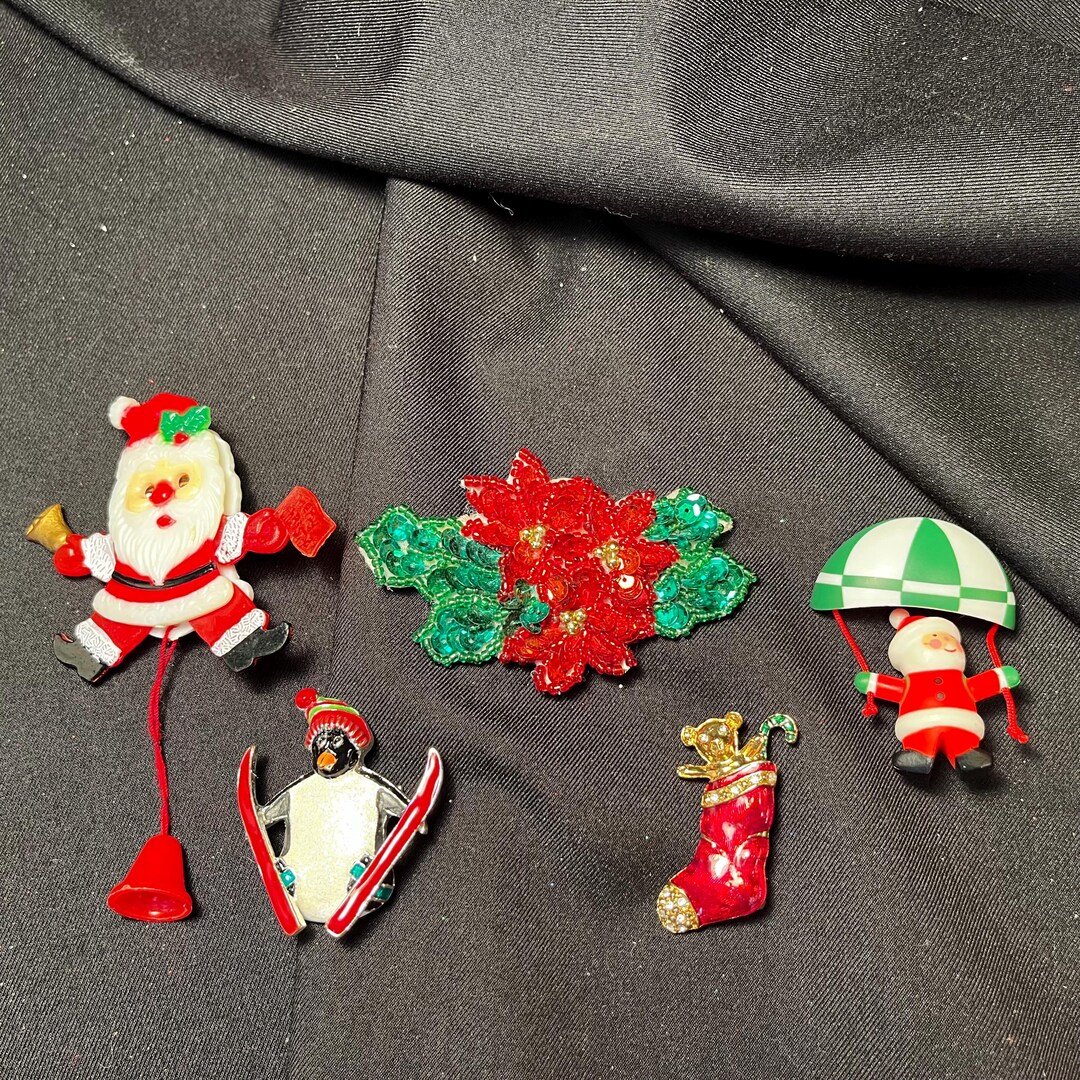 Vintage Christmas Pin, Fun Jumping Santa Holiday Brooch, Poinsettia Pin ...