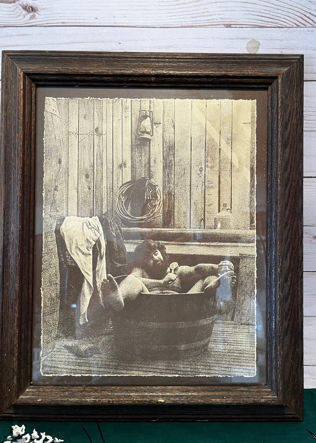 Vintage R. HENDRICKSON Print Nostalgia Man in Tub, Happy Cowboy Bathing ...