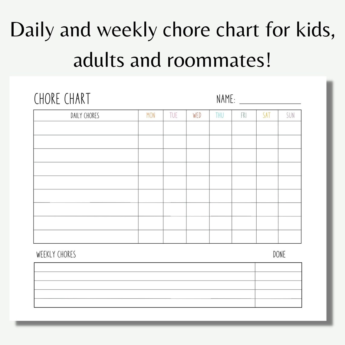Daily Chore Chart for Kids and Adults, Child Weekly Responsibility ...