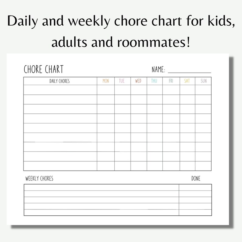 Daily Chore Chart for Kids and Adults, Child Weekly Responsibility ...