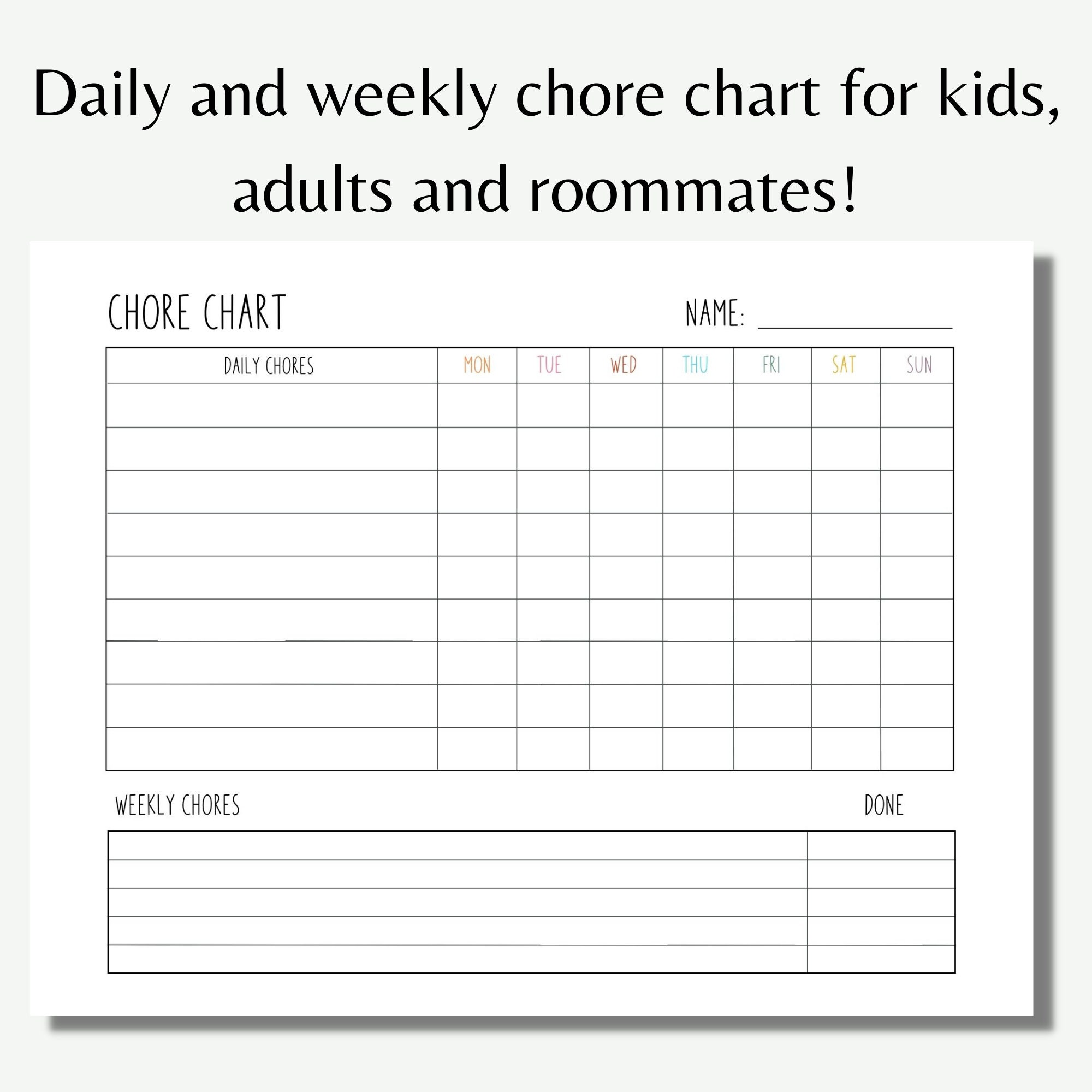 Daily Chore Chart for Kids and Adults, Child Weekly Responsibility ...