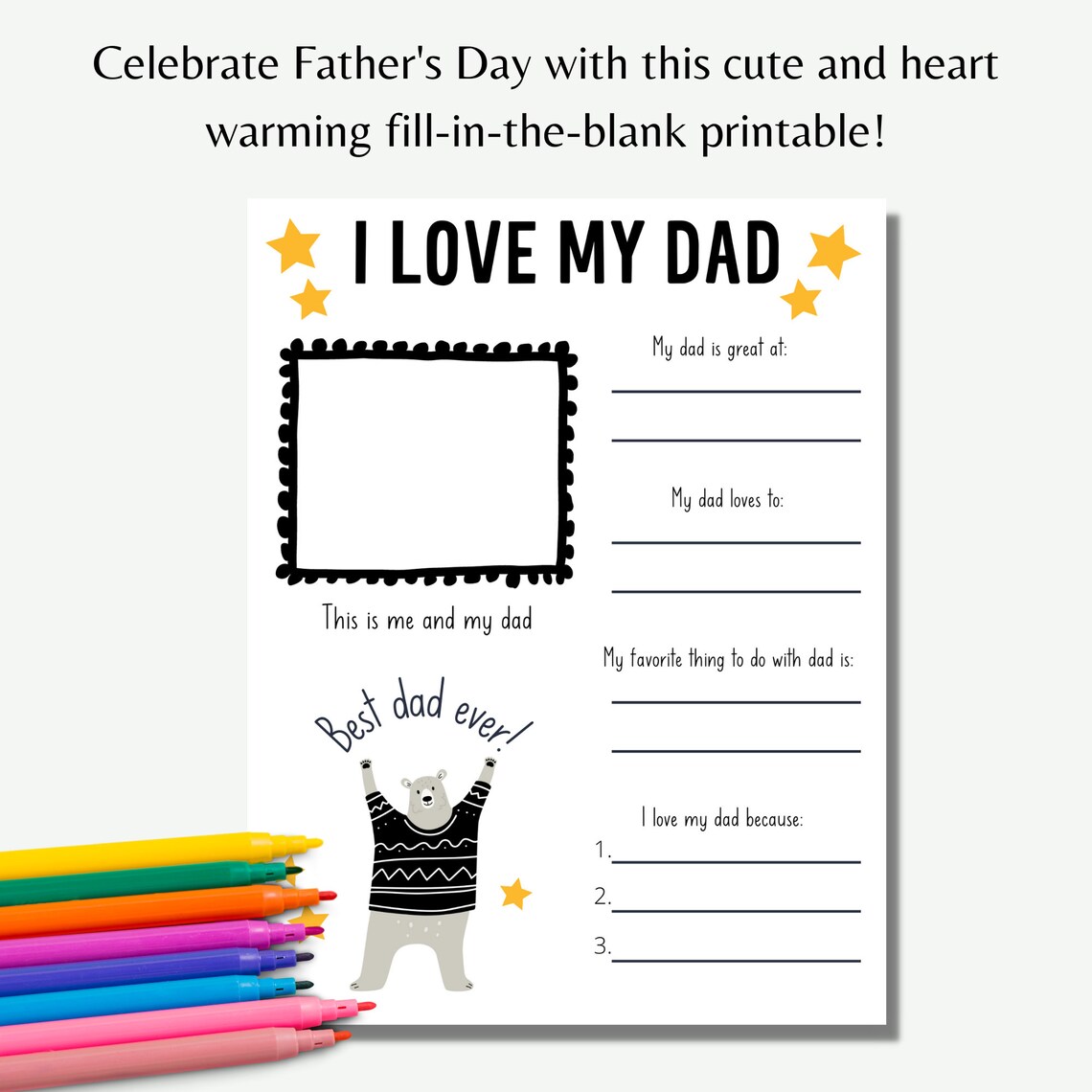 I Love Dad Printable for Kids, Fill in the Blank Father's Day Gift ...