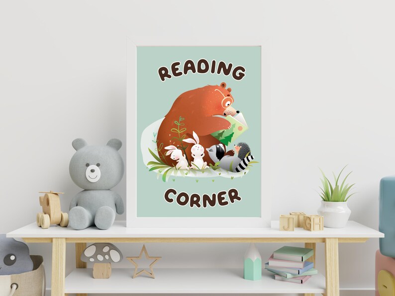 Bear Reading Corner Prints, Animals With Books Playroom Art, Children ...