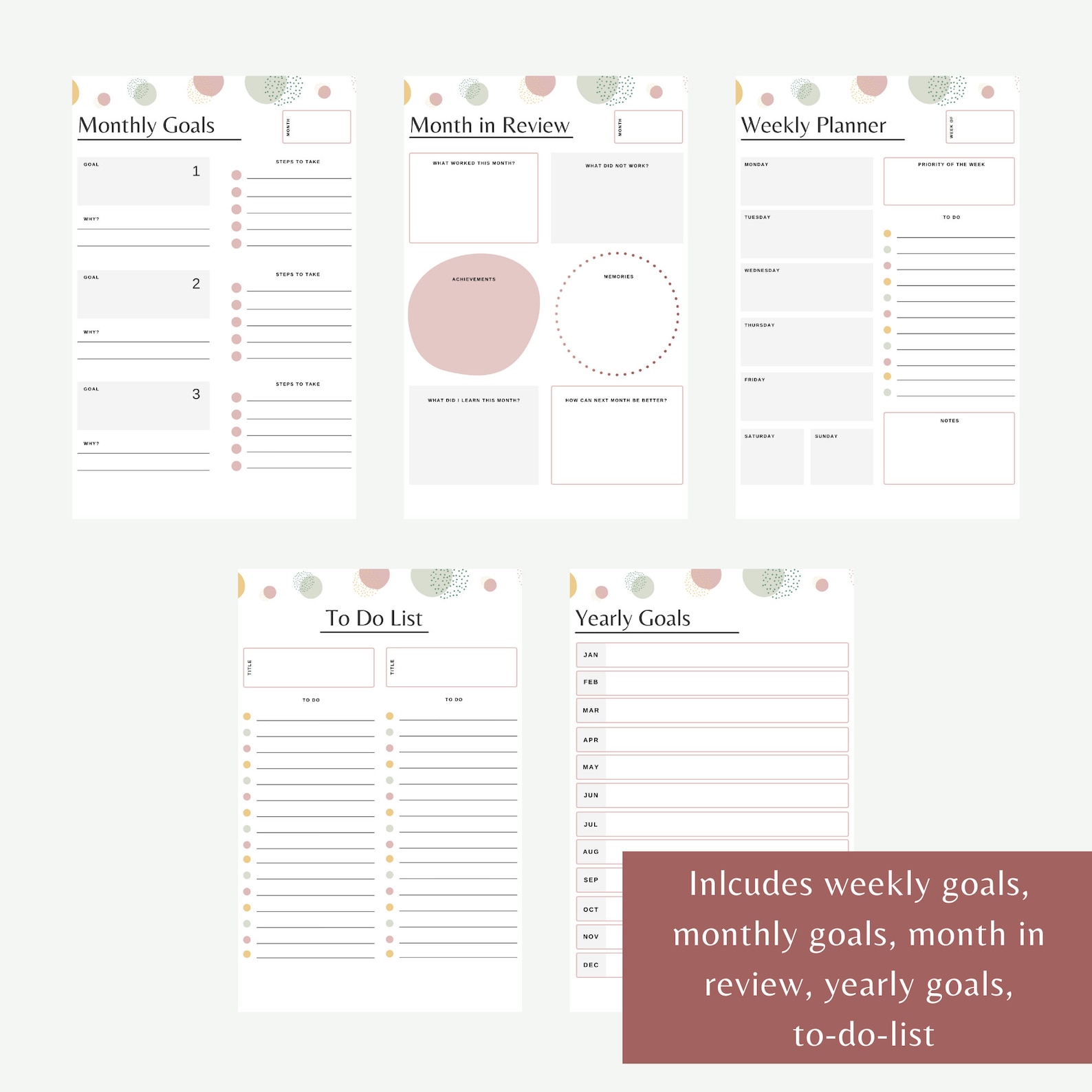 Printable Goal Planner Bundle, Colorful Goal Setting Download, Cheerful ...
