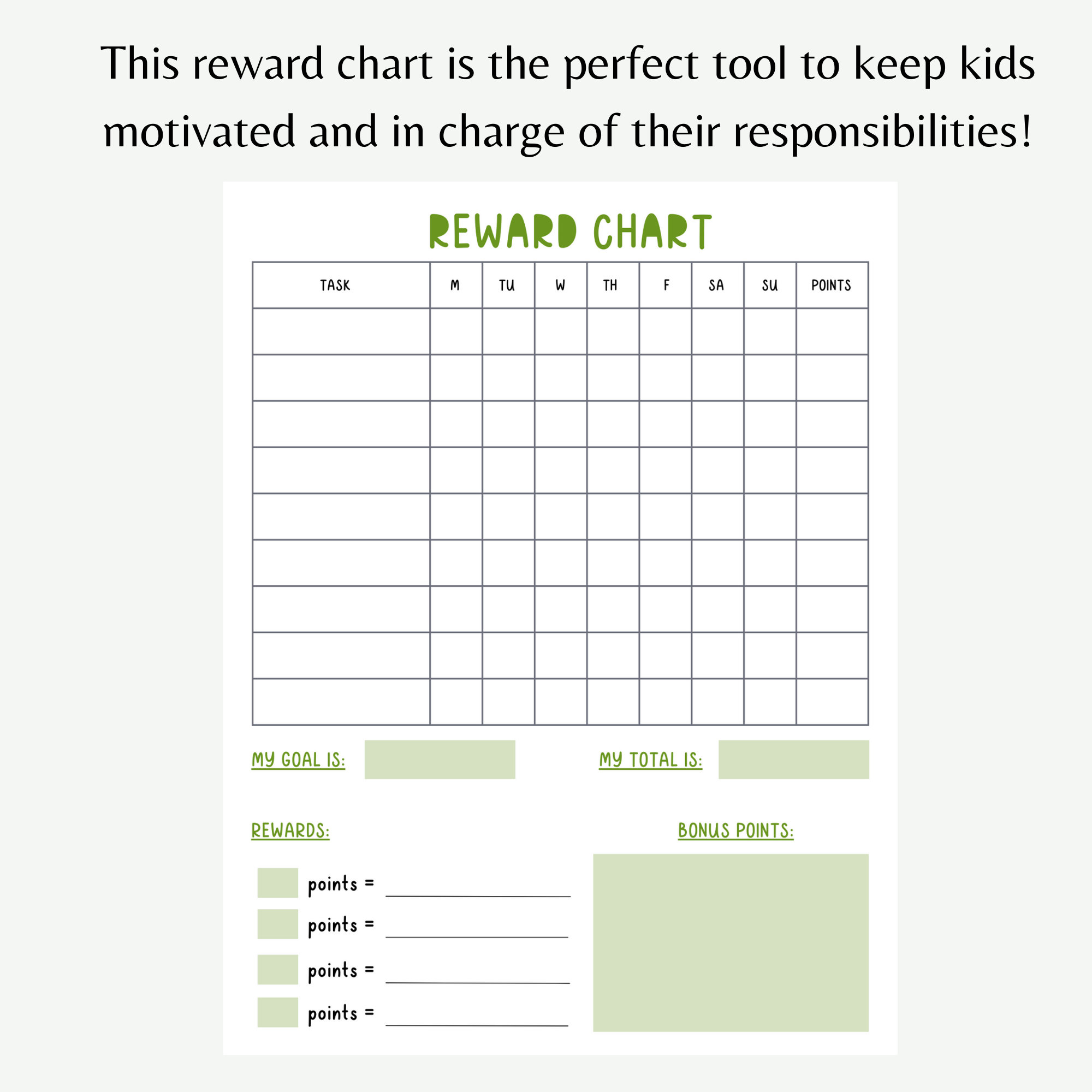 Reward Chart for Kids, Weekly Child Responsibility Printable, Task ...
