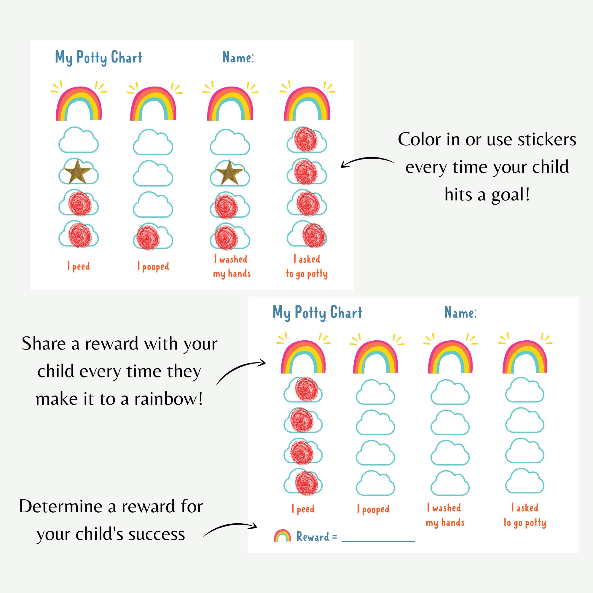 Rainbow Potty Training Chart, Bathroom Routine Printable, Toilet ...