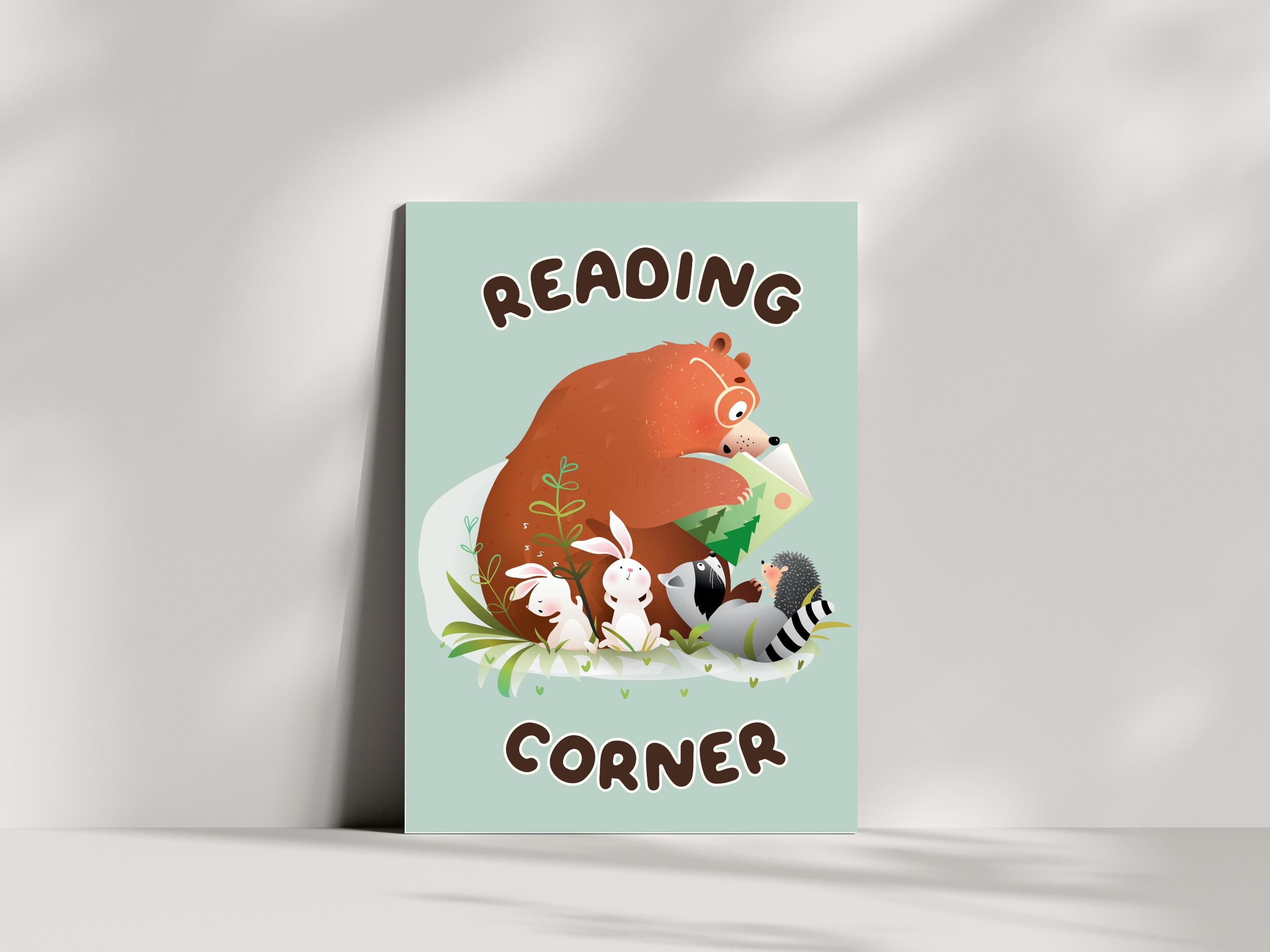 Bear Reading Corner Prints, Animals With Books Playroom Art, Children ...