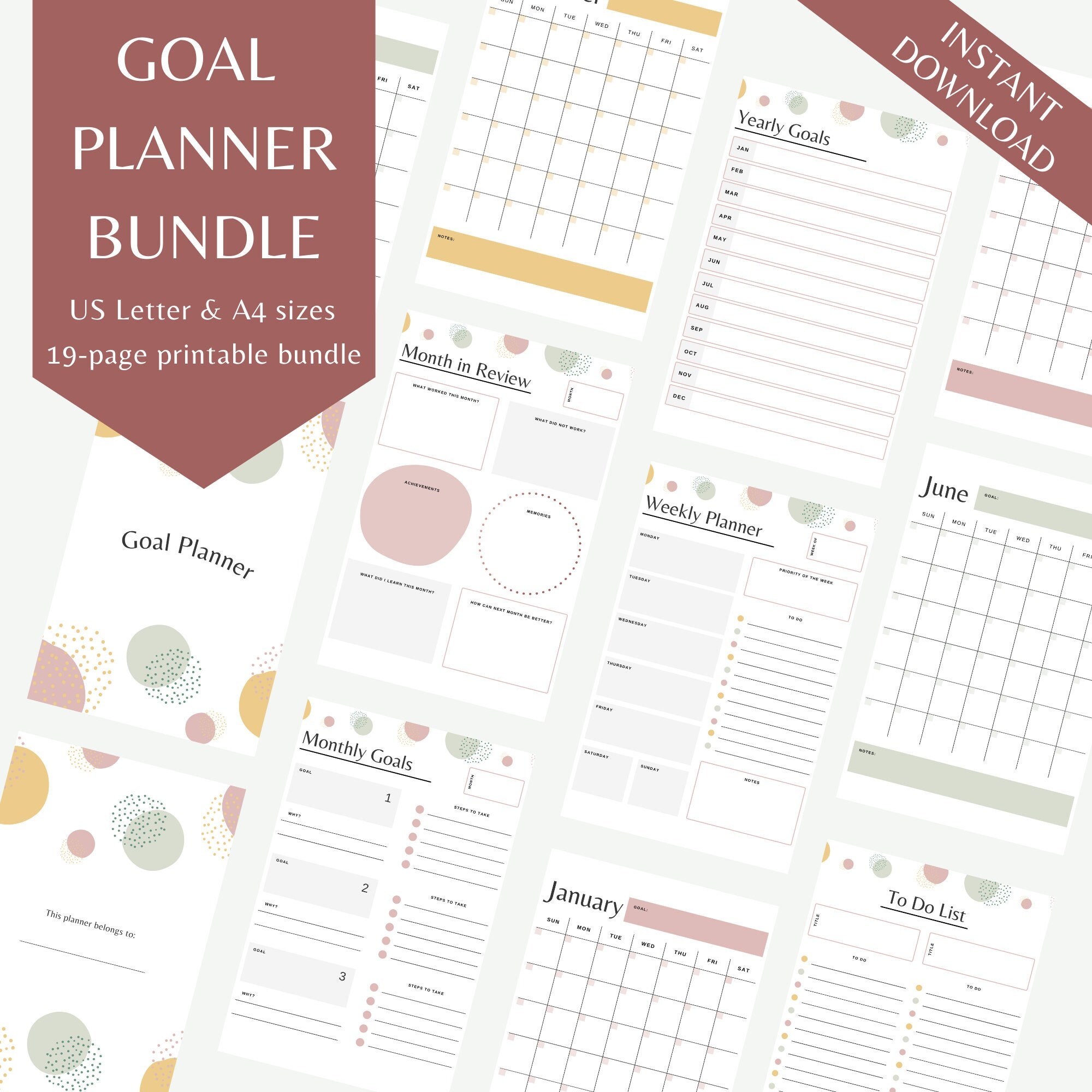 Printable Goal Planner Bundle, Colorful Goal Setting Download, Cheerful ...