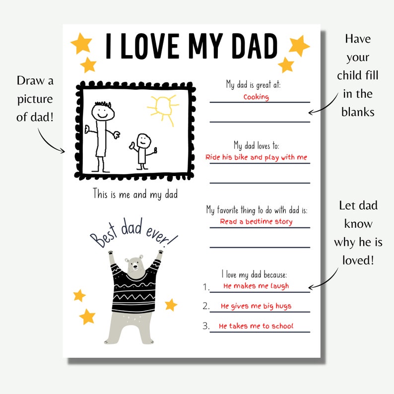 I Love Dad Printable for Kids, Fill in the Blank Father's Day Gift ...