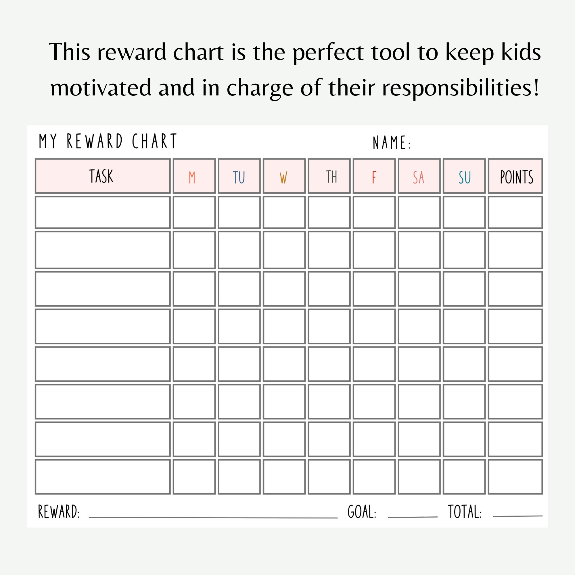 Reward Chart for Kids, Weekly Child Responsibility Printable, Task ...