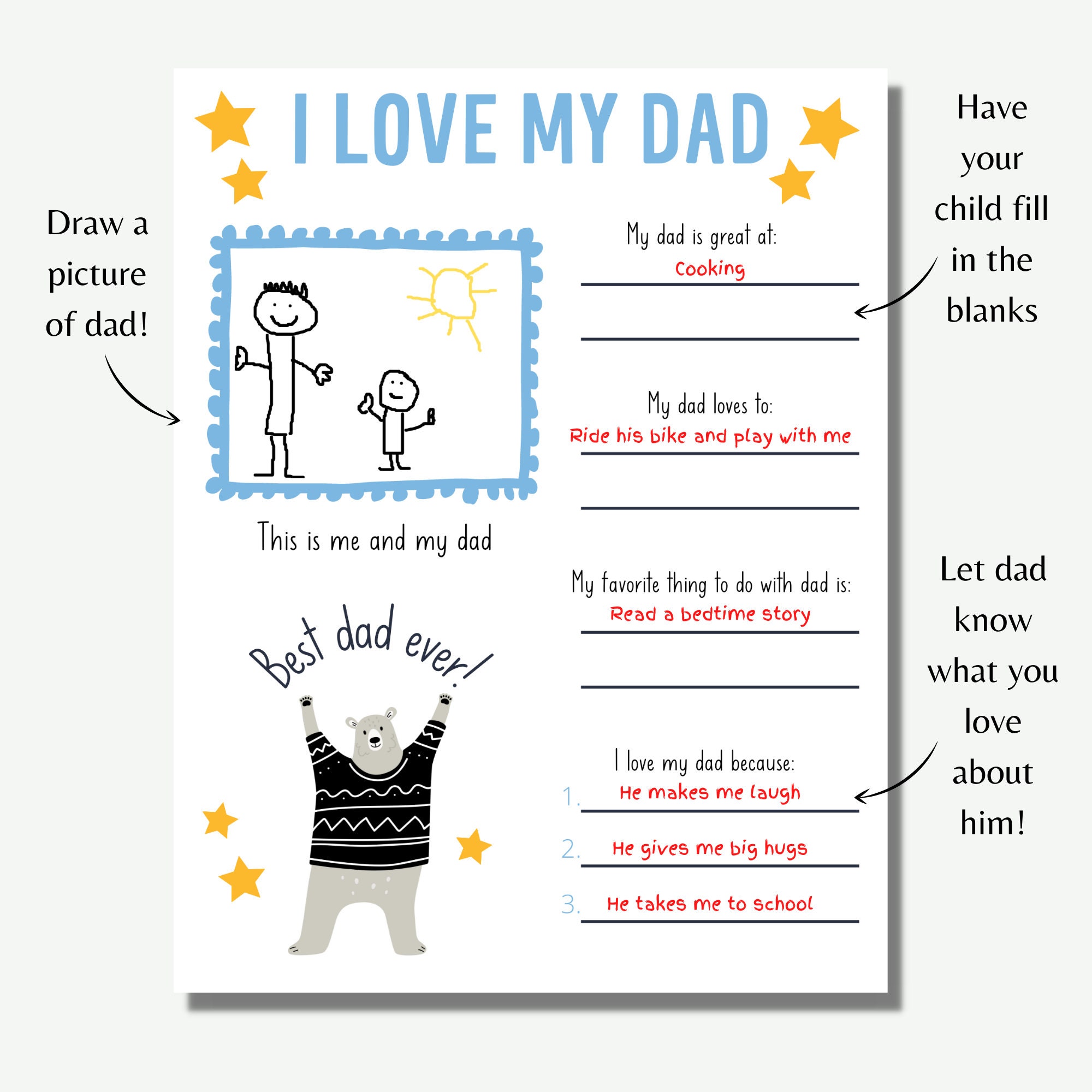 I Love Dad Printable for Kids, Fill in the Blank Father's Day Gift ...