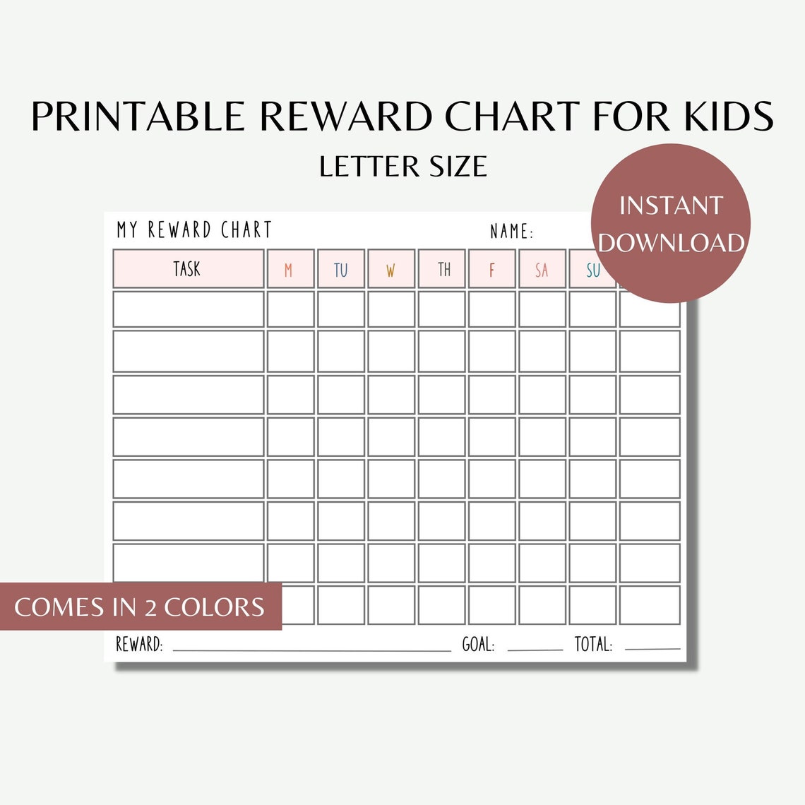 Reward Chart for Kids, Weekly Child Responsibility Printable, Task ...