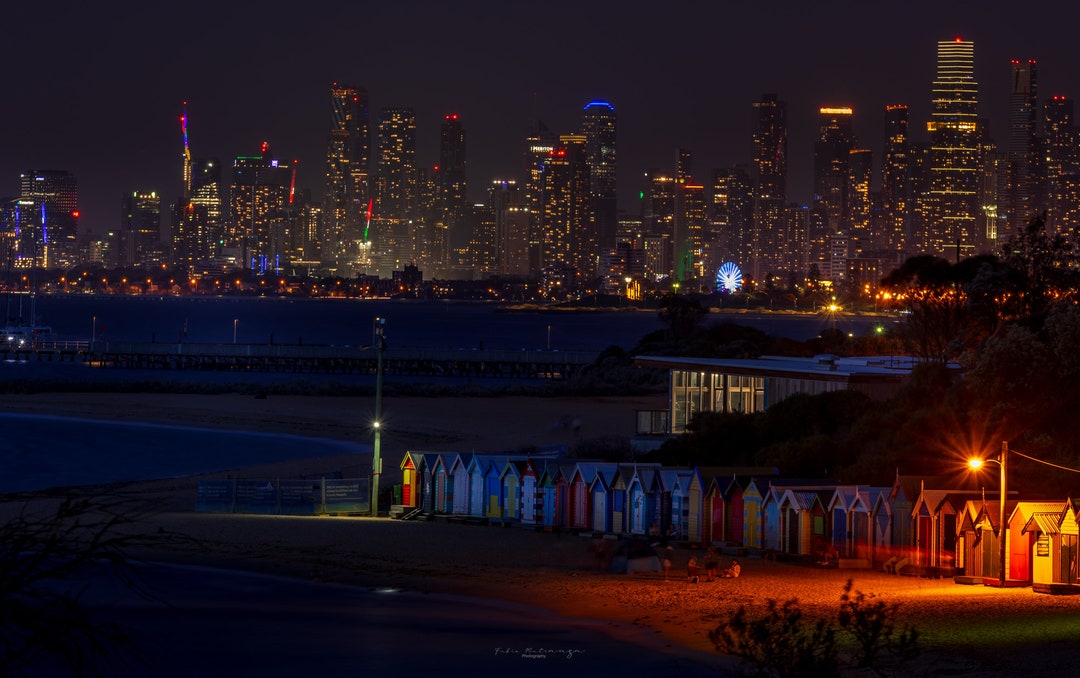 Brighton Bathing Boxes With City Skyline at Night, Victoria, Melbourne ...