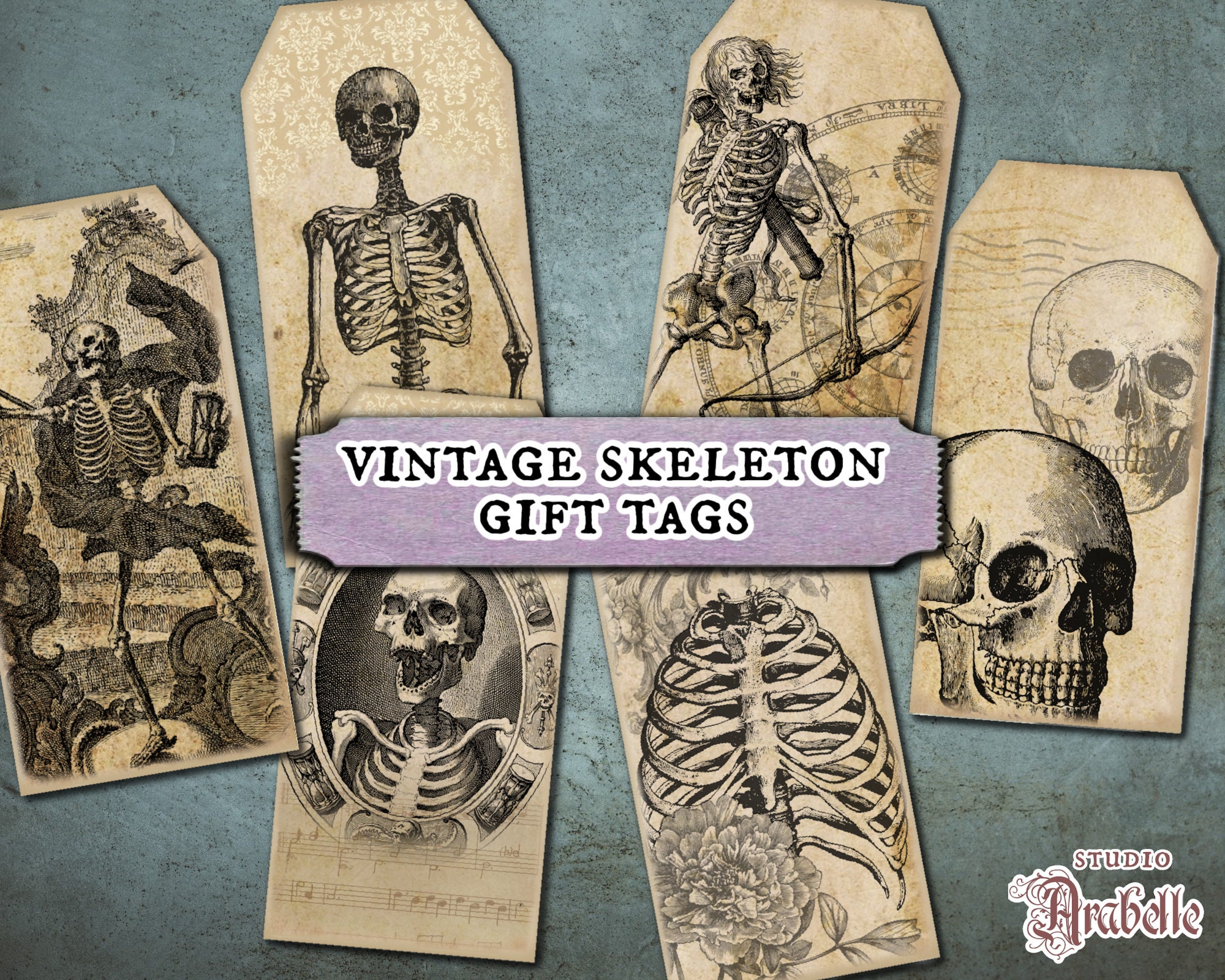 Digital Vintage Skull Skeleton Printable Gift Tags - Digital Instant ...