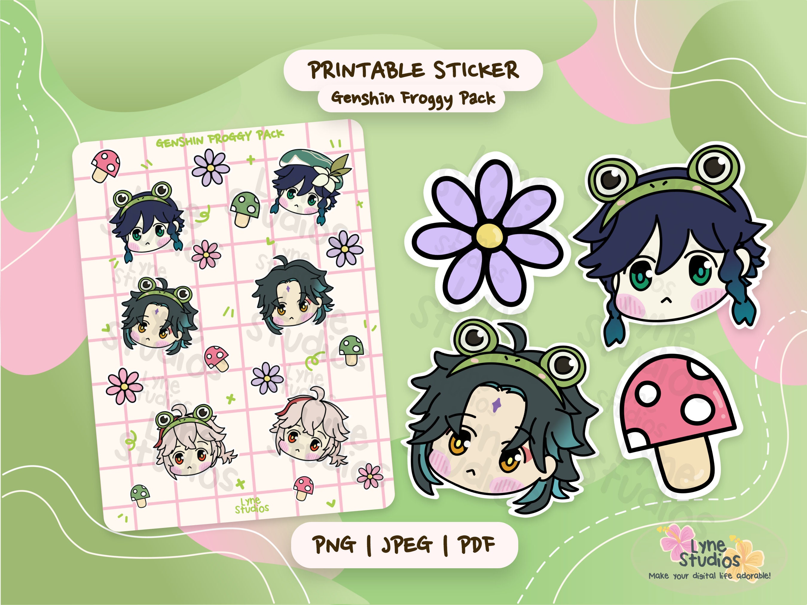 Cute Froggy Venti Kazuha Xiao Printable Stickers | Genshin Impact ...