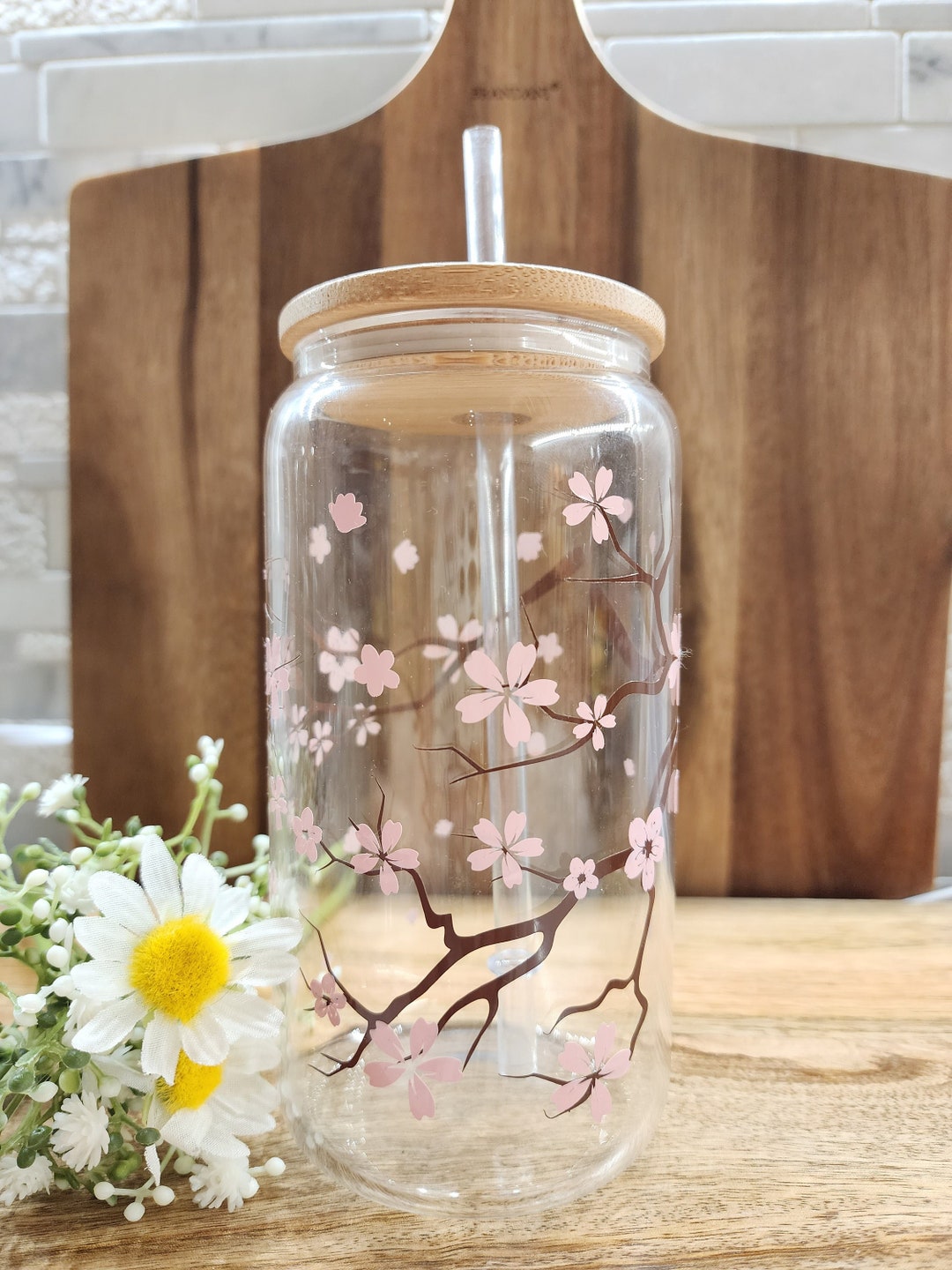 Sakura Floral Glass Cup 16oz | Iced Coffee Cup | Cherry Blossom Glass ...