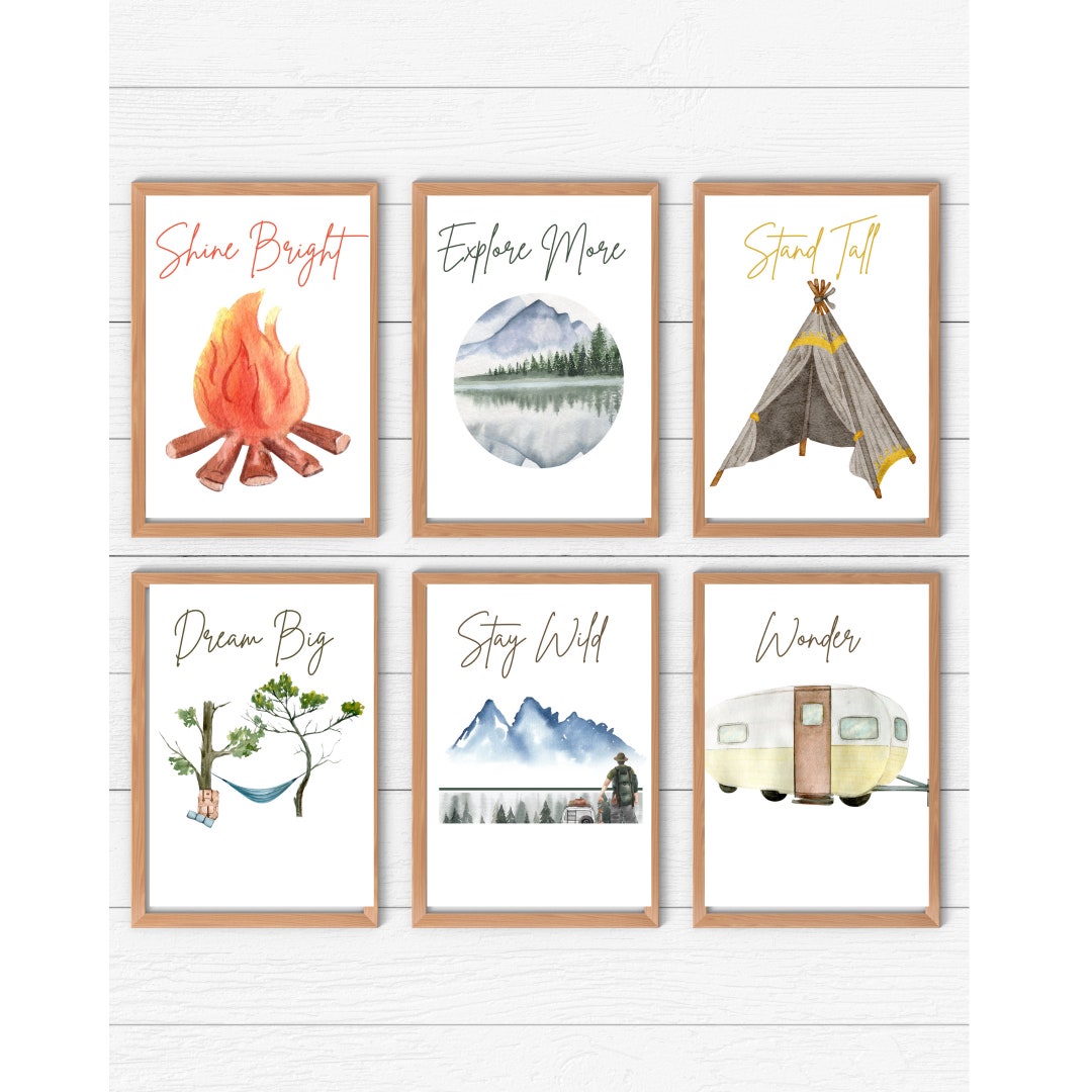Camping Adventur: Mountain Outdoor Theme 6 Piece Wall Art Kids Room ...