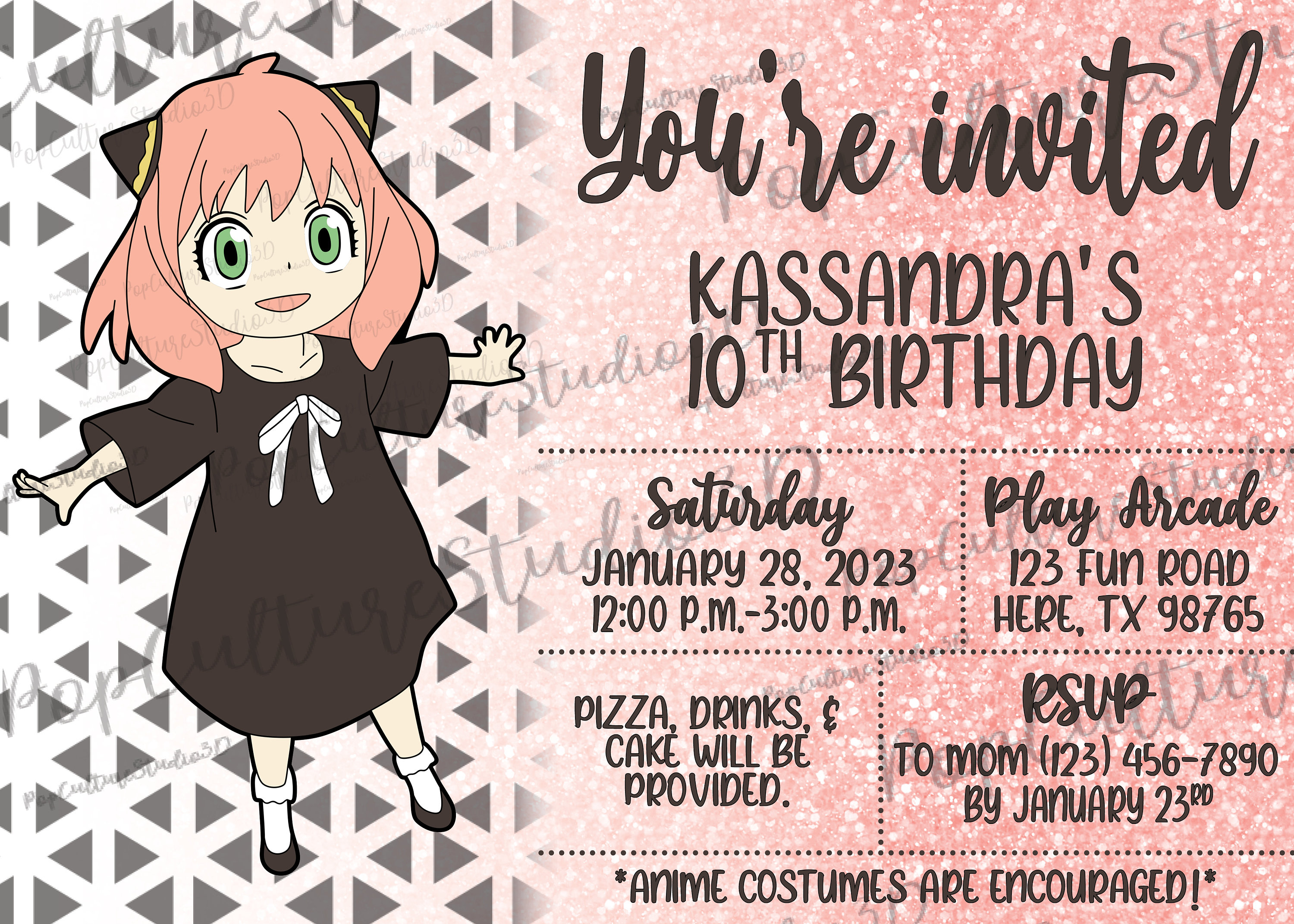 Editable Psychic Agent Birthday Invitation – Pink Anime Party Template ...