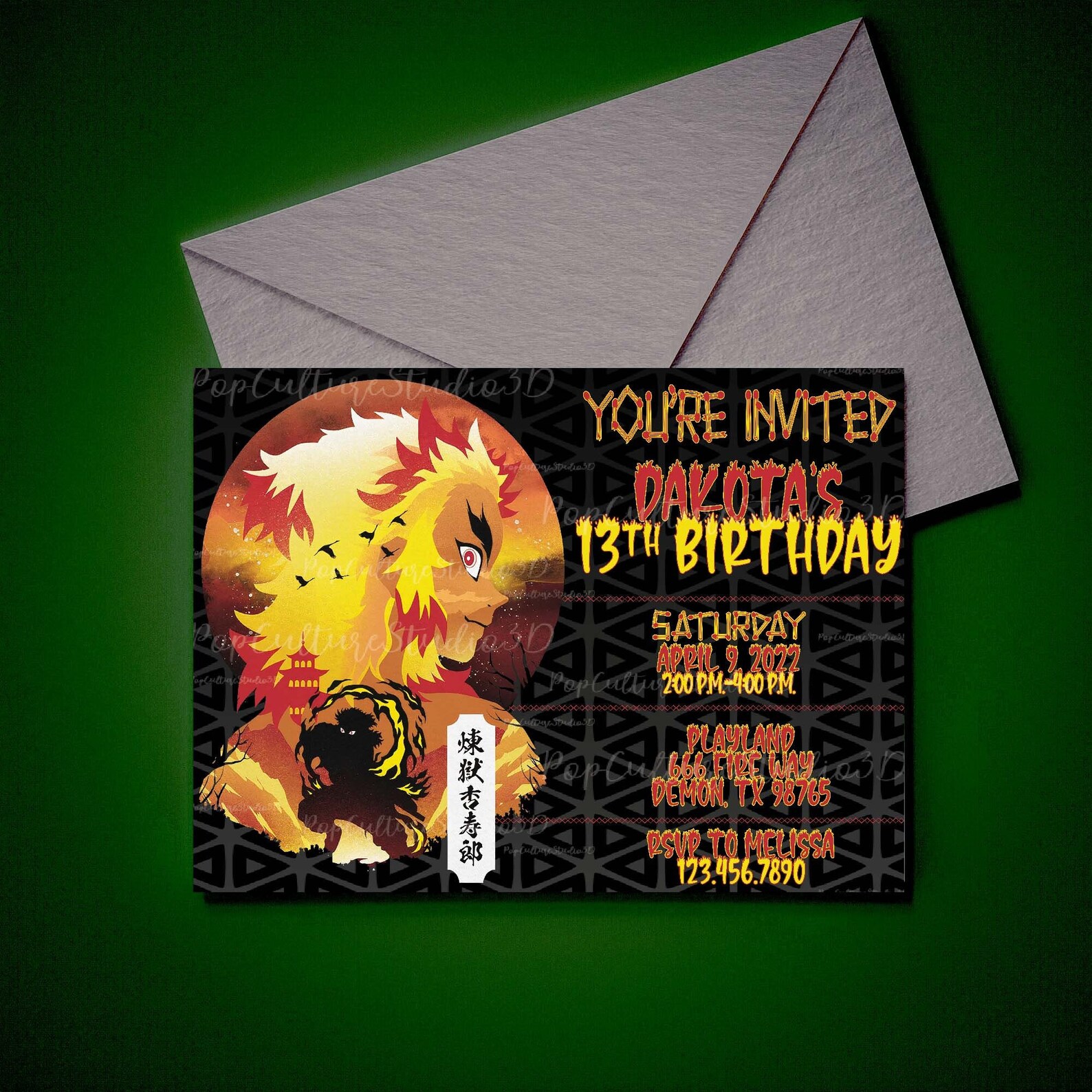 Editable Flame Slayer Birthday Invitation – Red and Gold Anime Party ...