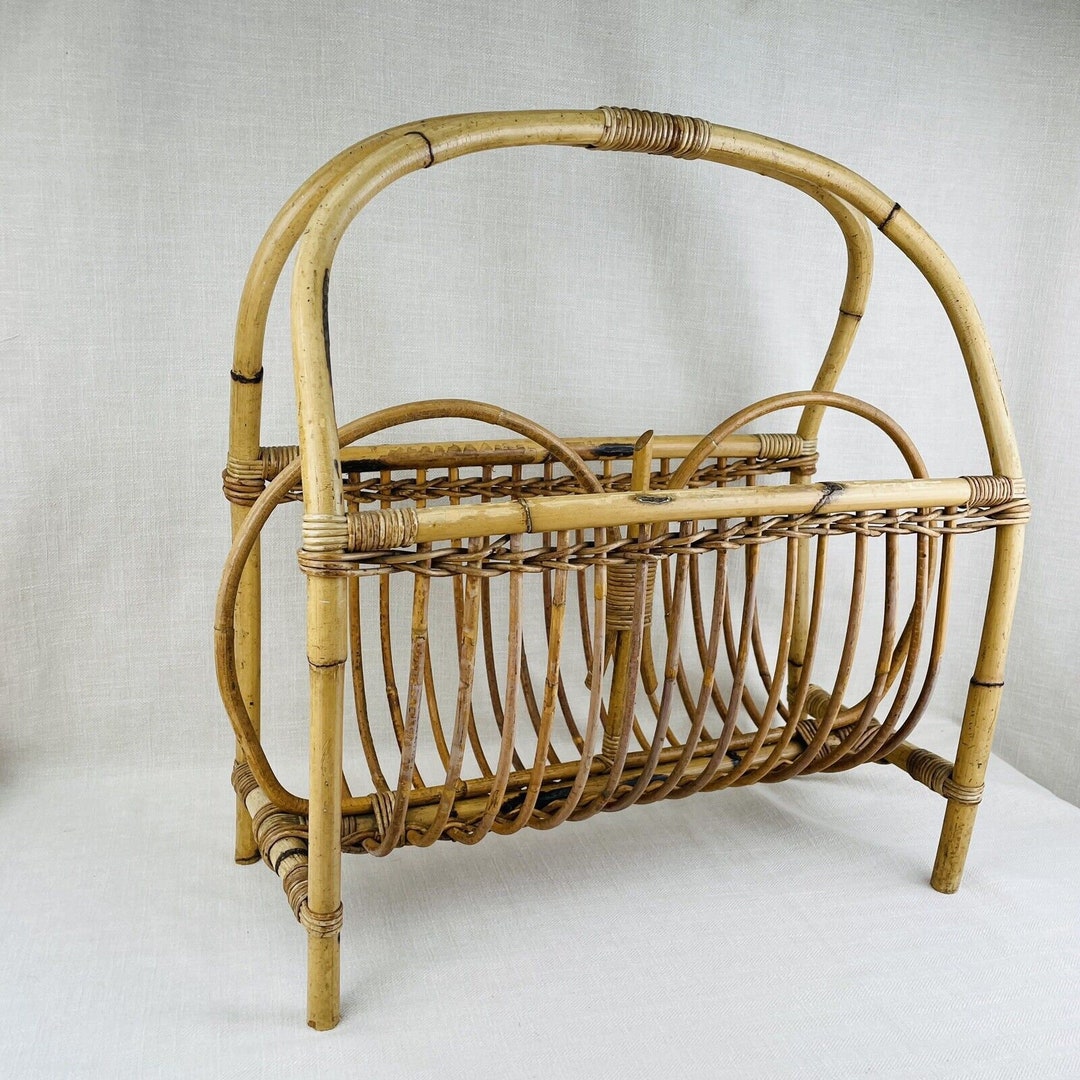 Vintage Bamboo Willow Magazine Rack Cane Mid Century Modern BOHO Tiki ...
