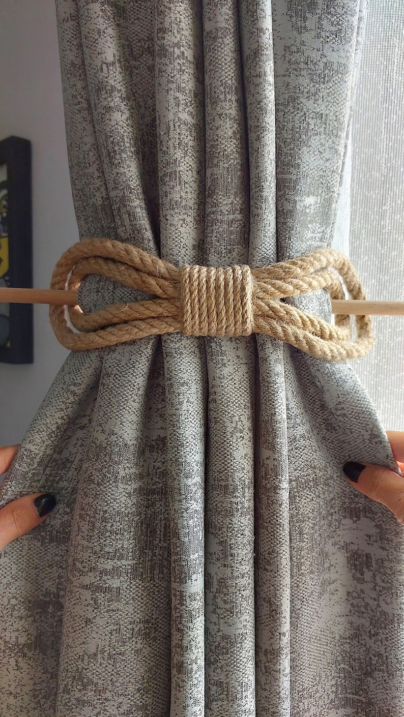 Jute Rope Curtain Tiebacks With Wooden Rods - Set of 2 - Etsy