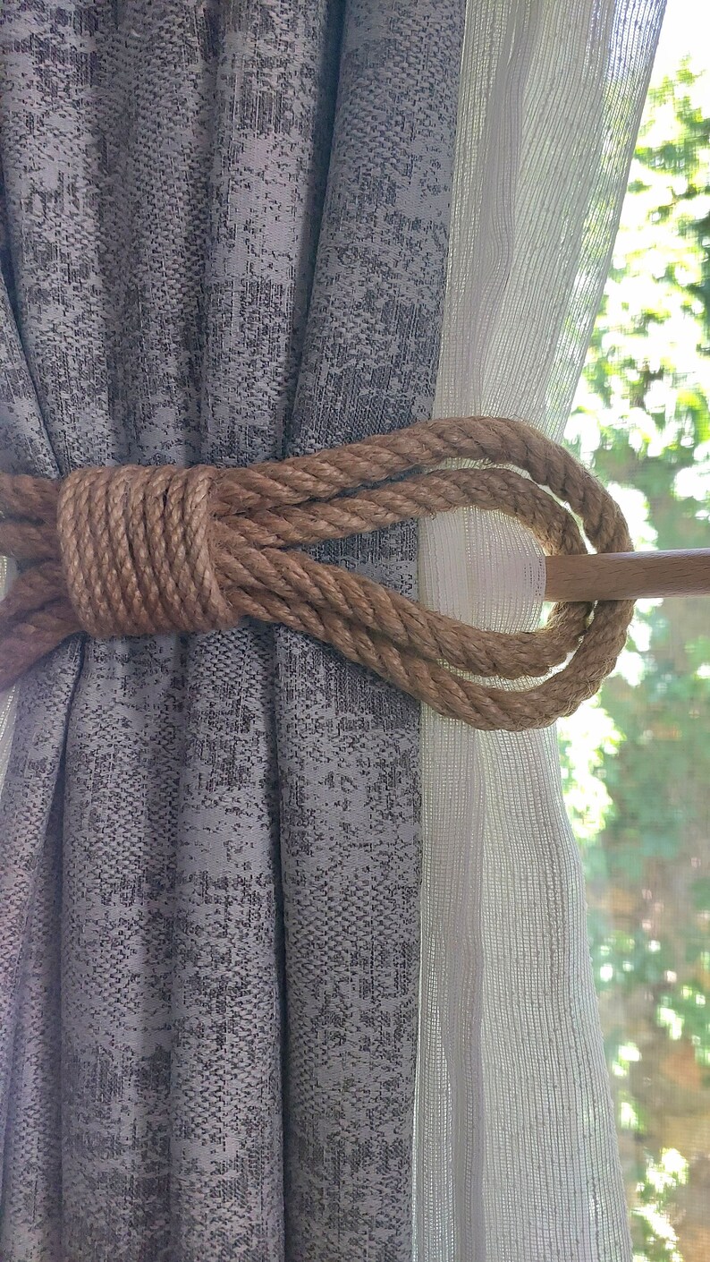 2 Pcs Exquisite Jute Rope Curtain Tiebacks With Wooden Rods Elegant and ...