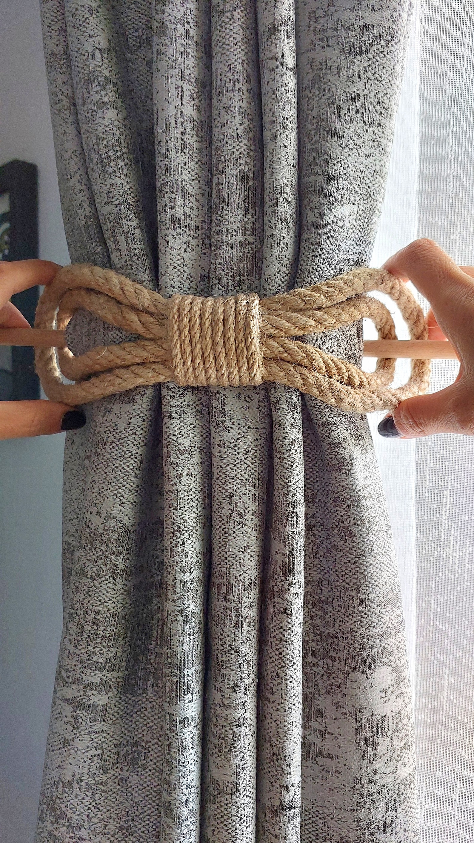 2 Pcs Exquisite Jute Rope Curtain Tiebacks With Wooden Rods - Elegant ...