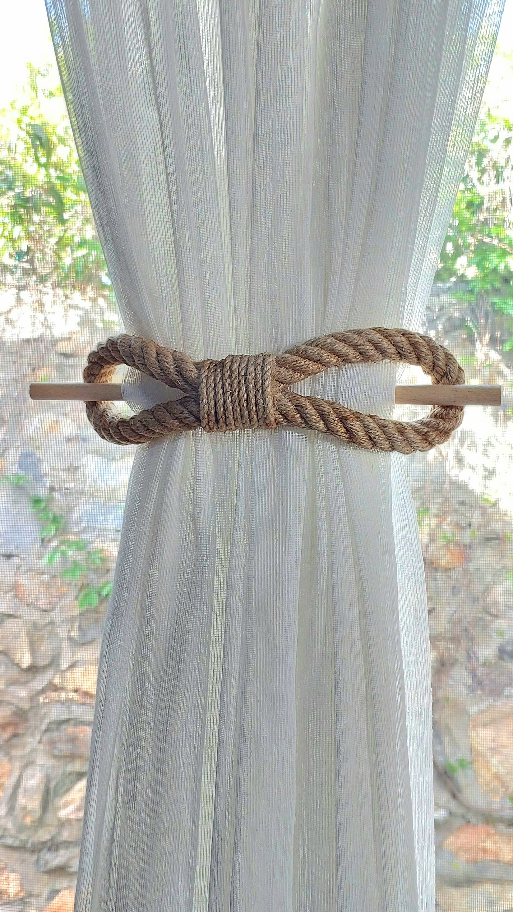 Jute Rope Curtain Tiebacks With Wooden Rods - Set of 2 - Etsy